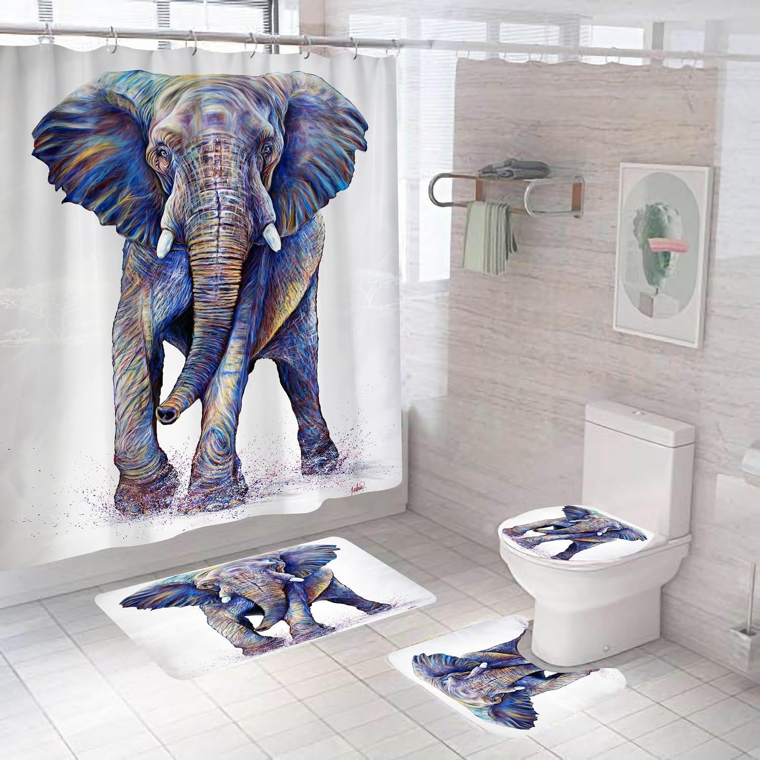 4 Pcs African Elephant Shower Curtain Set with Non-Slip Rugs, Toilet ...