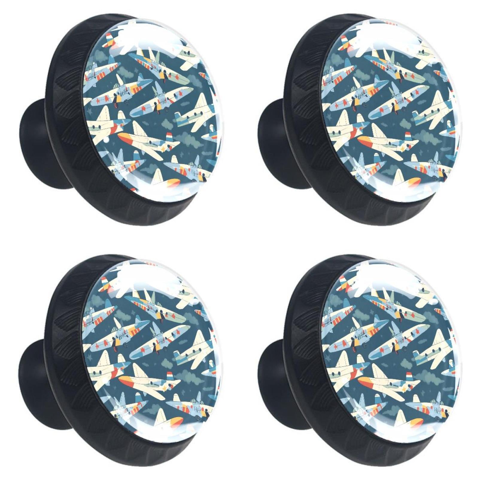 4 Pcs Aircrafts Pattern Print Cabinet Knobs 30mm Round Crystal Glass Drawer Handles Pulls with ...