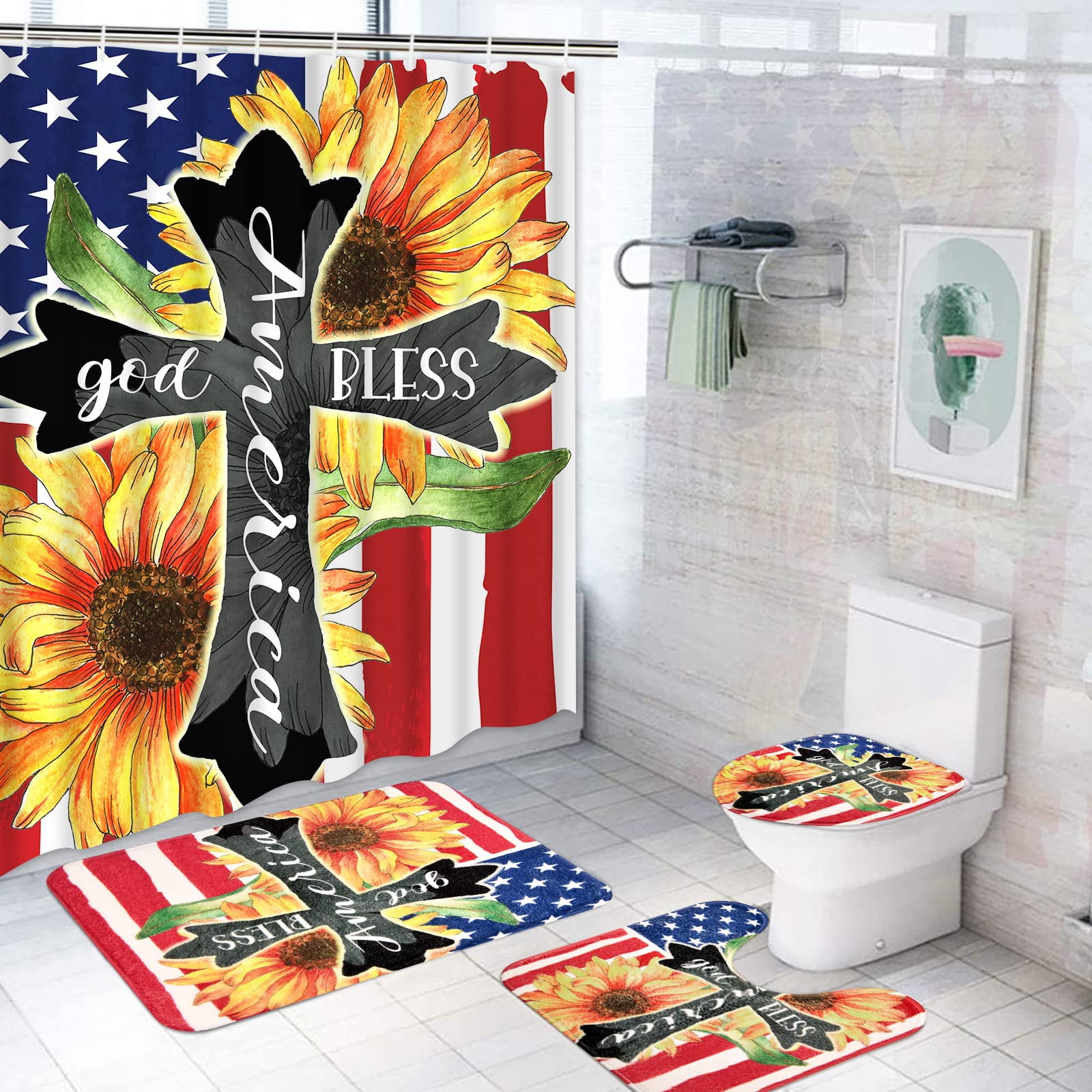 4 Pcs American Flag Shower Curtain Set Independence Day 4 of July ...