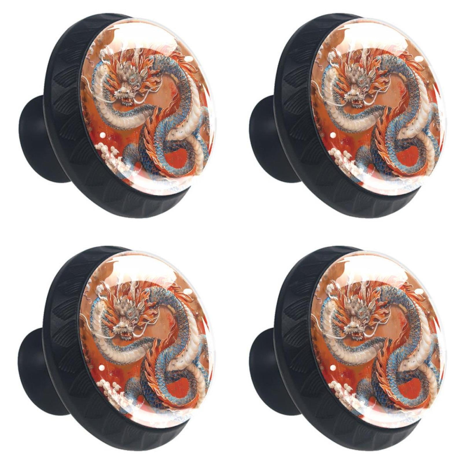 4 Pcs Ancient Dragon Print Cabinet Knobs 30mm Round Crystal Glass ...
