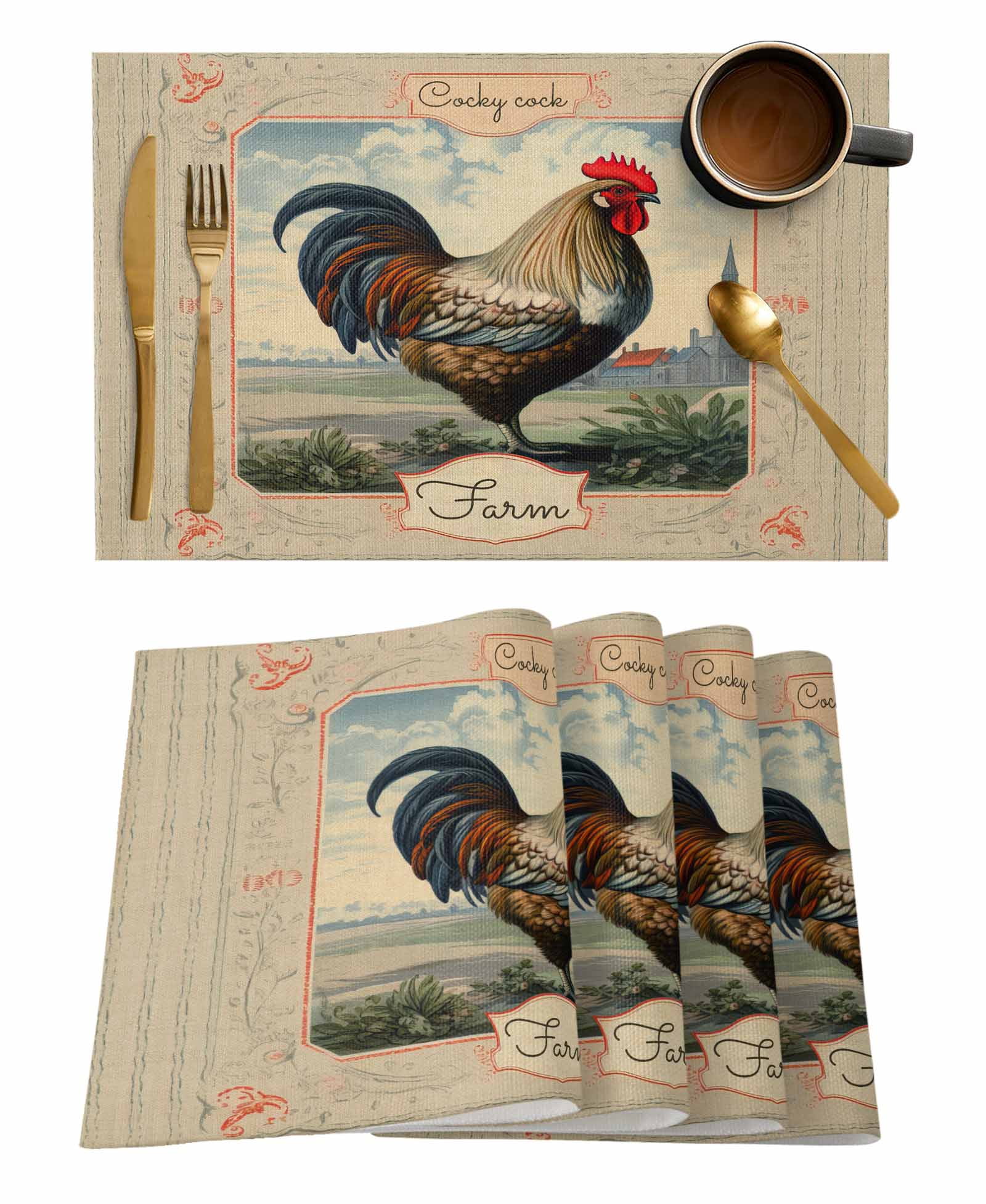 4 Pcs Animal Rooster Farm Placemat Kitchen Placemat Home Decoration ...