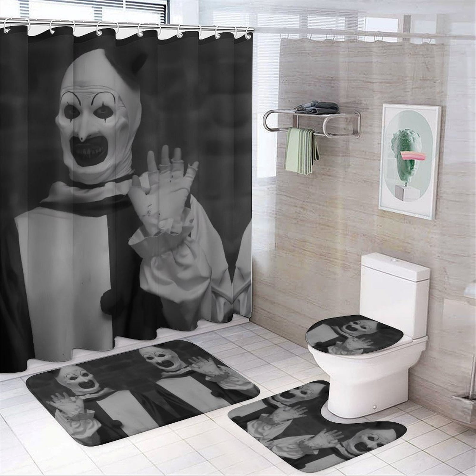 4 Pcs Art The Clown Shower Curtain Set with Rugs, Bathroom Set with ...