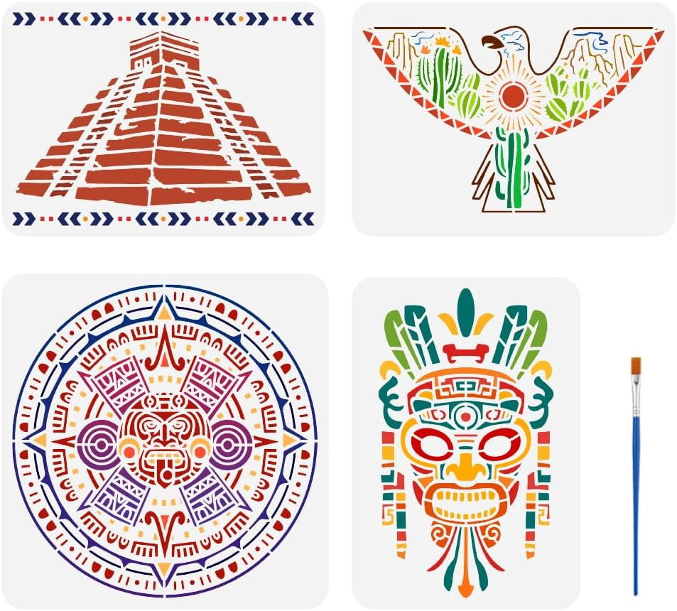 4 Pcs Aztec Pattern Stencil with Brush 4 Styles Tribal Theme Painting ...