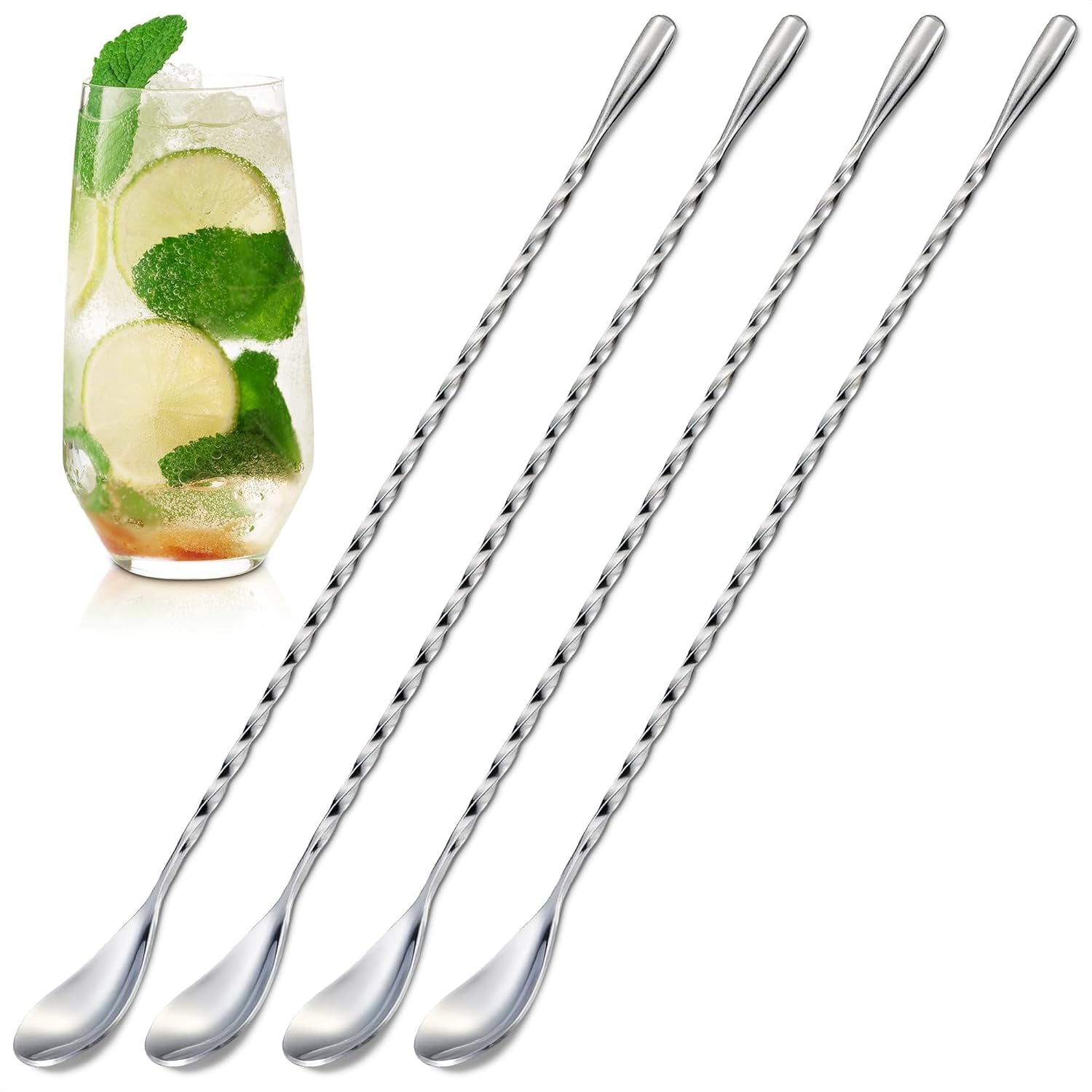 4 Pcs Bar Spoon Cocktail Mixing Spoon – 12'' Long Stainless Steel ...