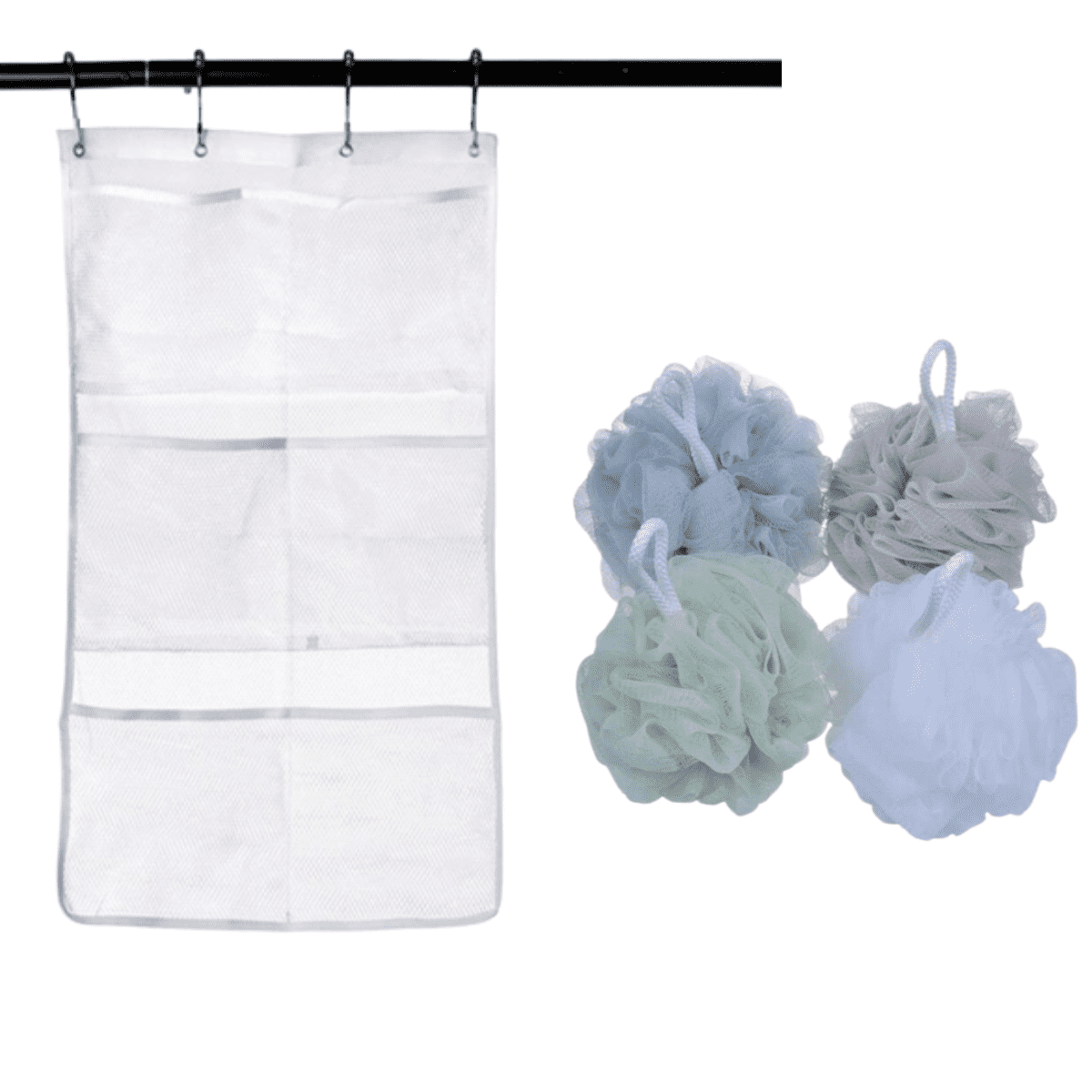 4 Pcs Bath Sponge Shower Loofahs Bulk With Mesh Shower Organizer