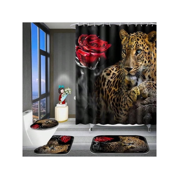 4 Pcs Bathroom Curtain Set, Red Leopard Print Shower Curtains With ...