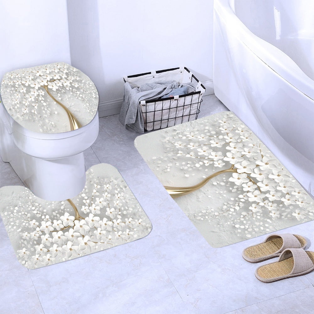 4 Pcs Bathroom Set Flower Printed Waterproof Shower Curtain Bath Screen ...