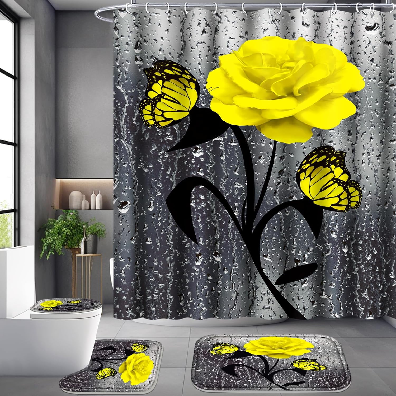 4 Pcs Bathroom Set,Orange Rose Shower Curtain Sets, Romantic Shower ...