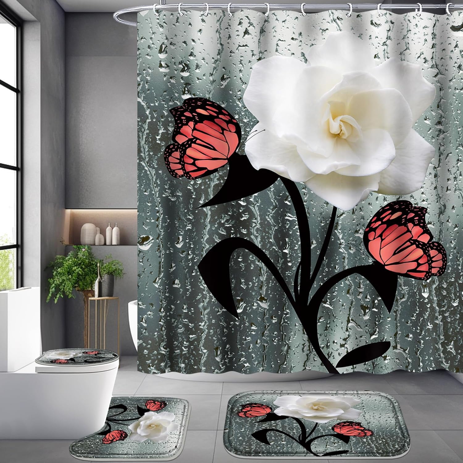 4 Pcs Bathroom Set,Red Rose Shower Curtain Sets, Floral Shower Curtain ...