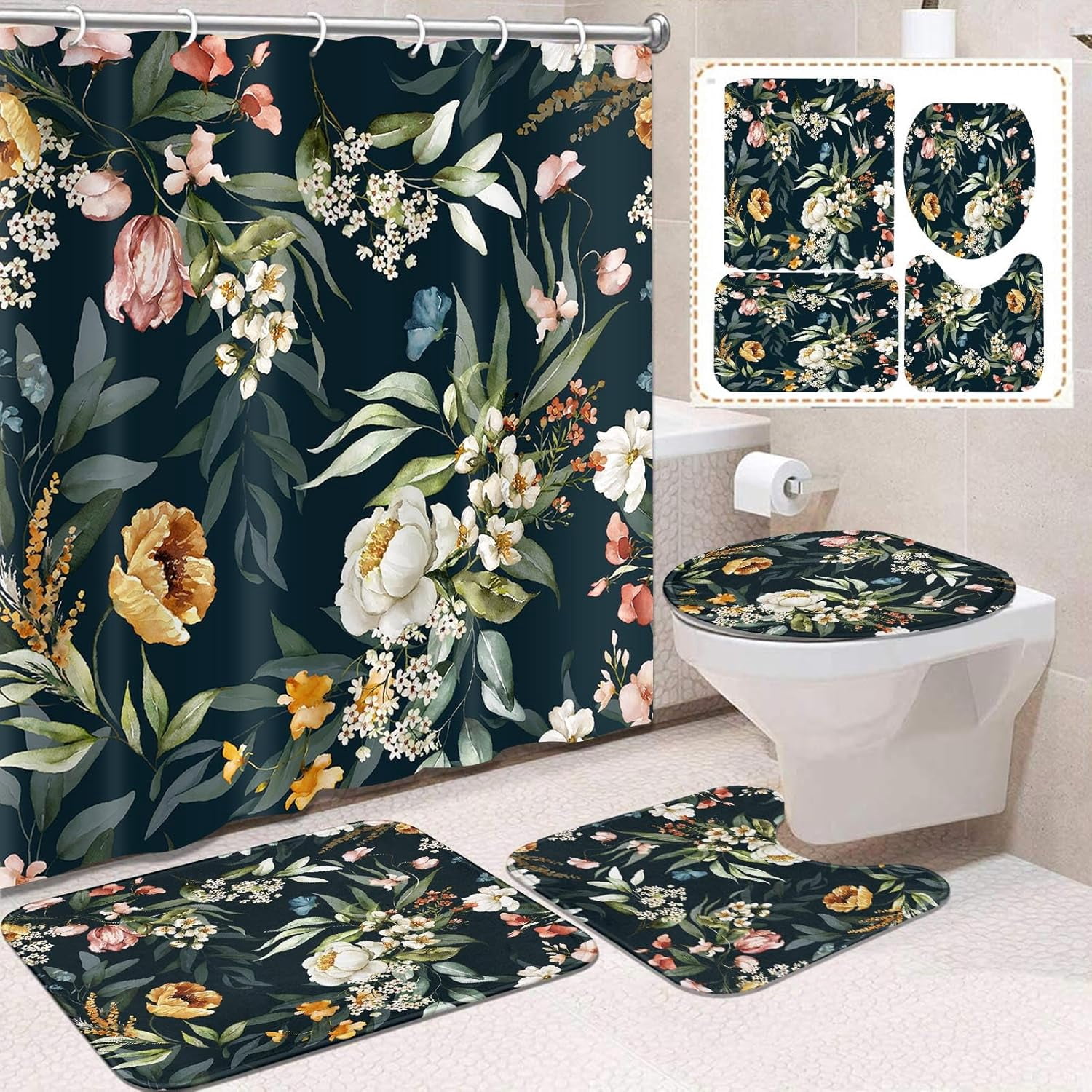 4 Pcs Bathroom Set with Shower Curtain Sets Rugs, Blue Ocean Sea ...