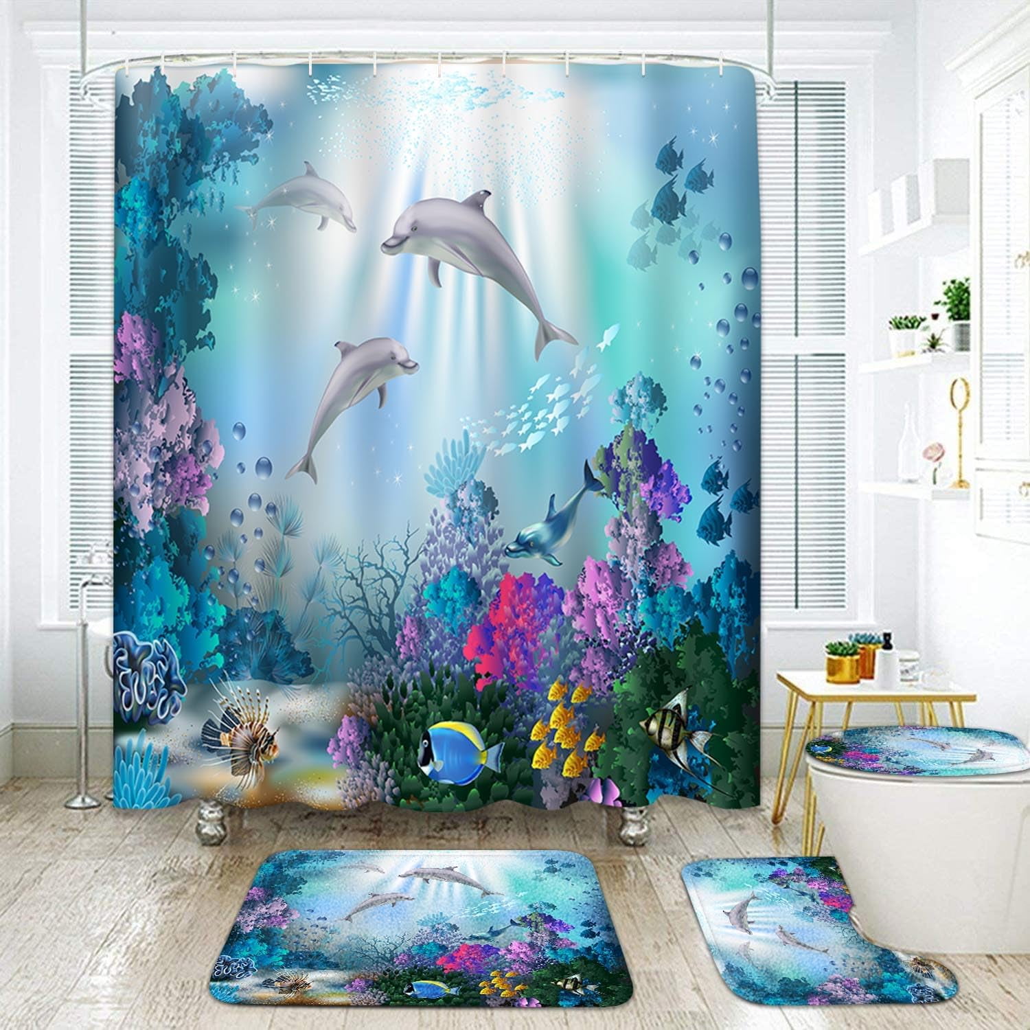 4 Pcs Bathroom Set with Shower Curtain Sets Rugs, Blue Ocean Sea ...