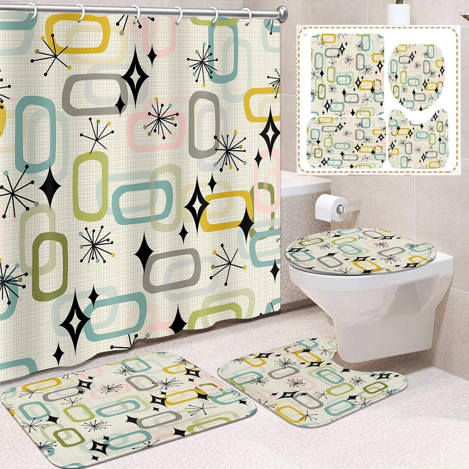 4 Pcs Bathroom Set with Shower Curtain Sets Rugs, Blue Ocean Sea ...