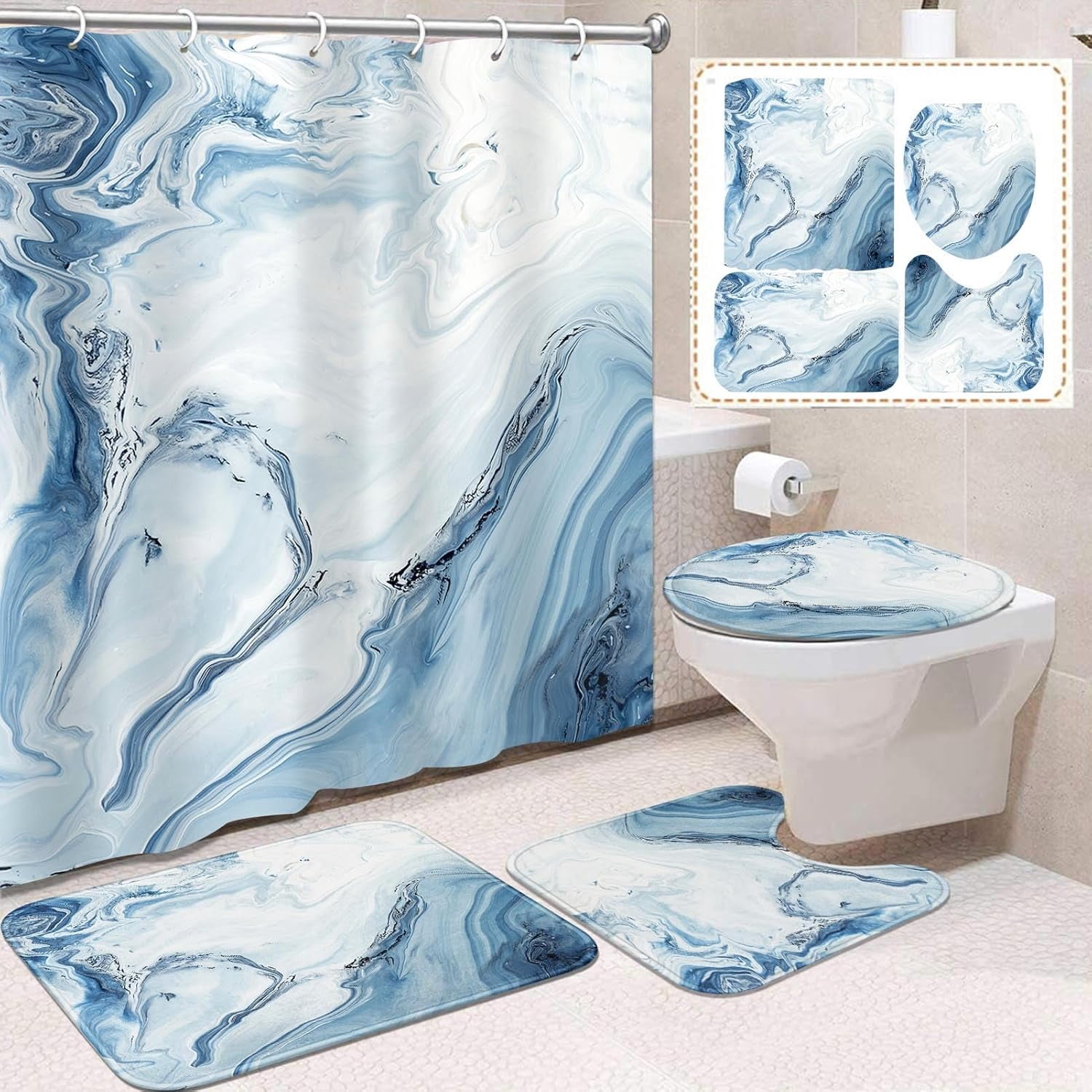 4 Pcs Bathroom Set with Shower Curtain Sets Rugs, Blue Ocean Sea ...