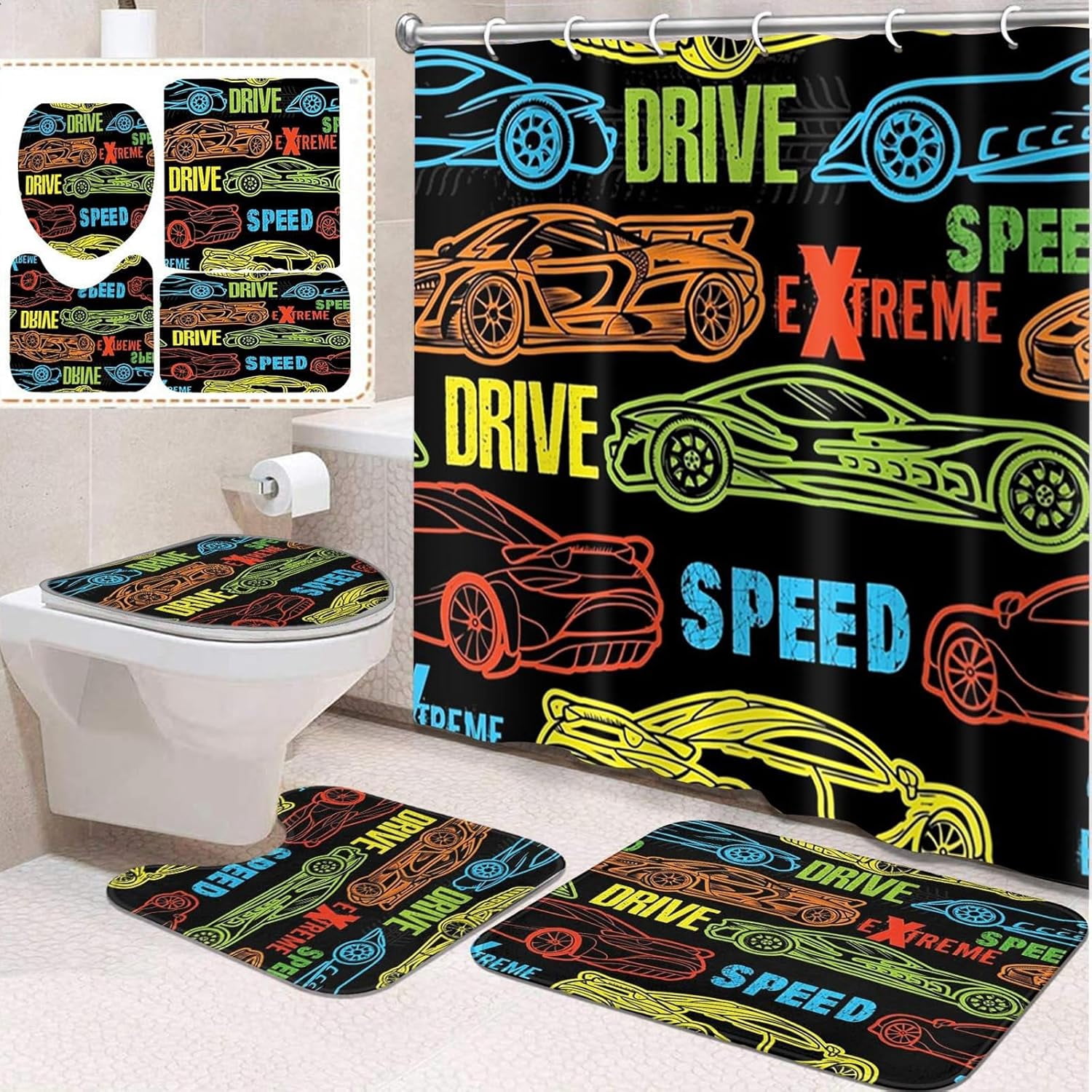 4 Pcs Bathroom Sets with Shower Curtain and Rugs, Basketball Ball ...