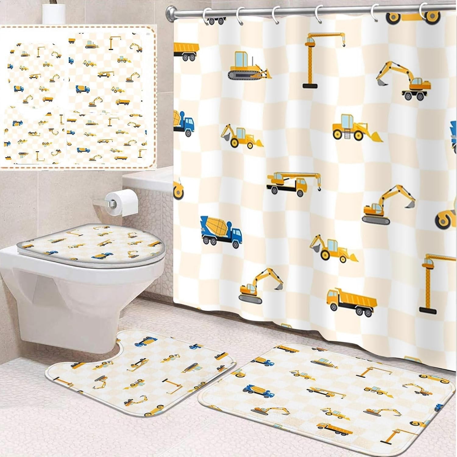 4 Pcs Bathroom Sets with Shower Curtain and Rugs, Car Tractor Rooster Rustic, Bathroom Decor ...