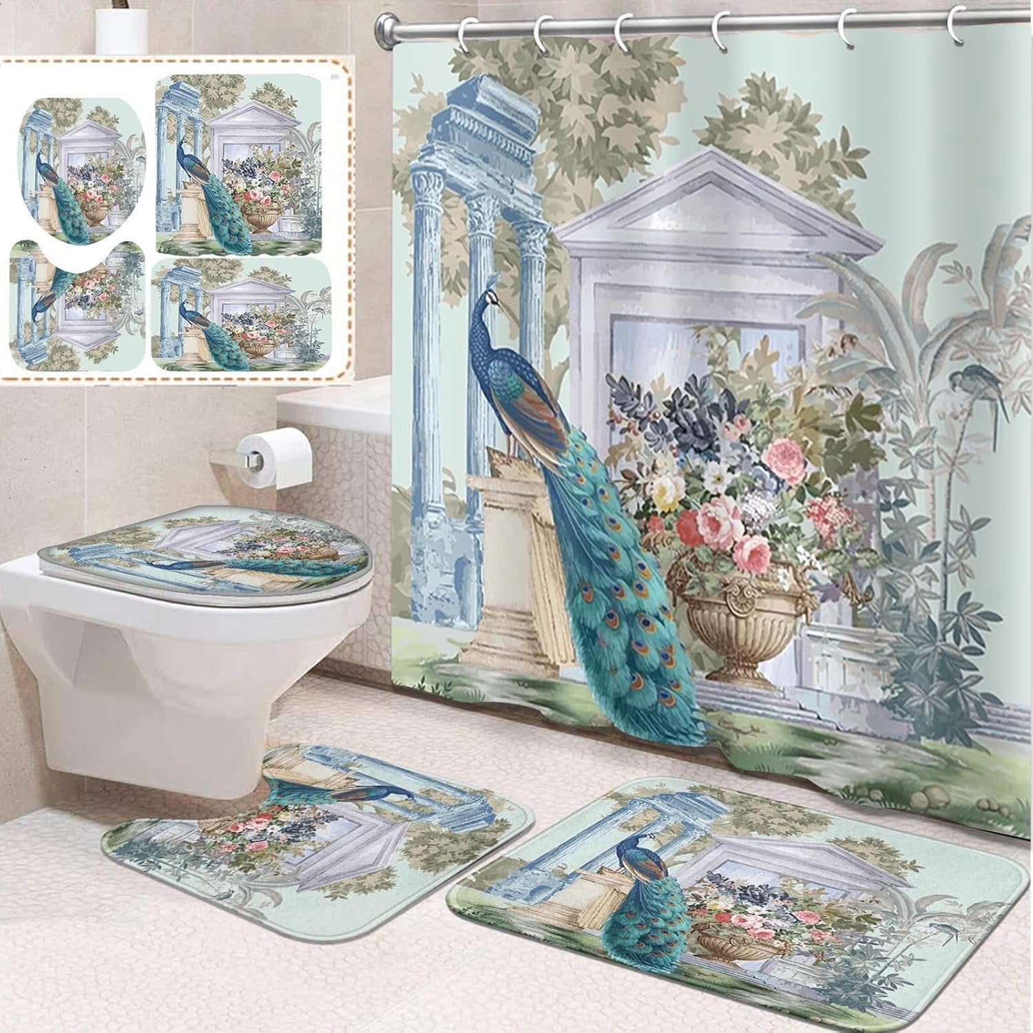 4 Pcs Bathroom Sets with Shower Curtain and Rugs, Dog Cat Paw Cute ...