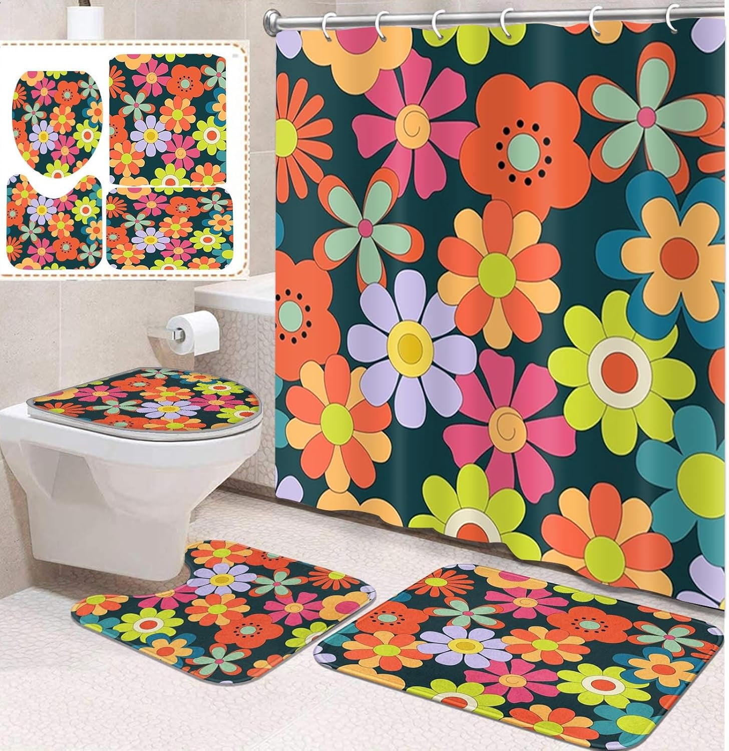 4 Pcs Bathroom Sets with Shower Curtain and Rugs, Game American ...