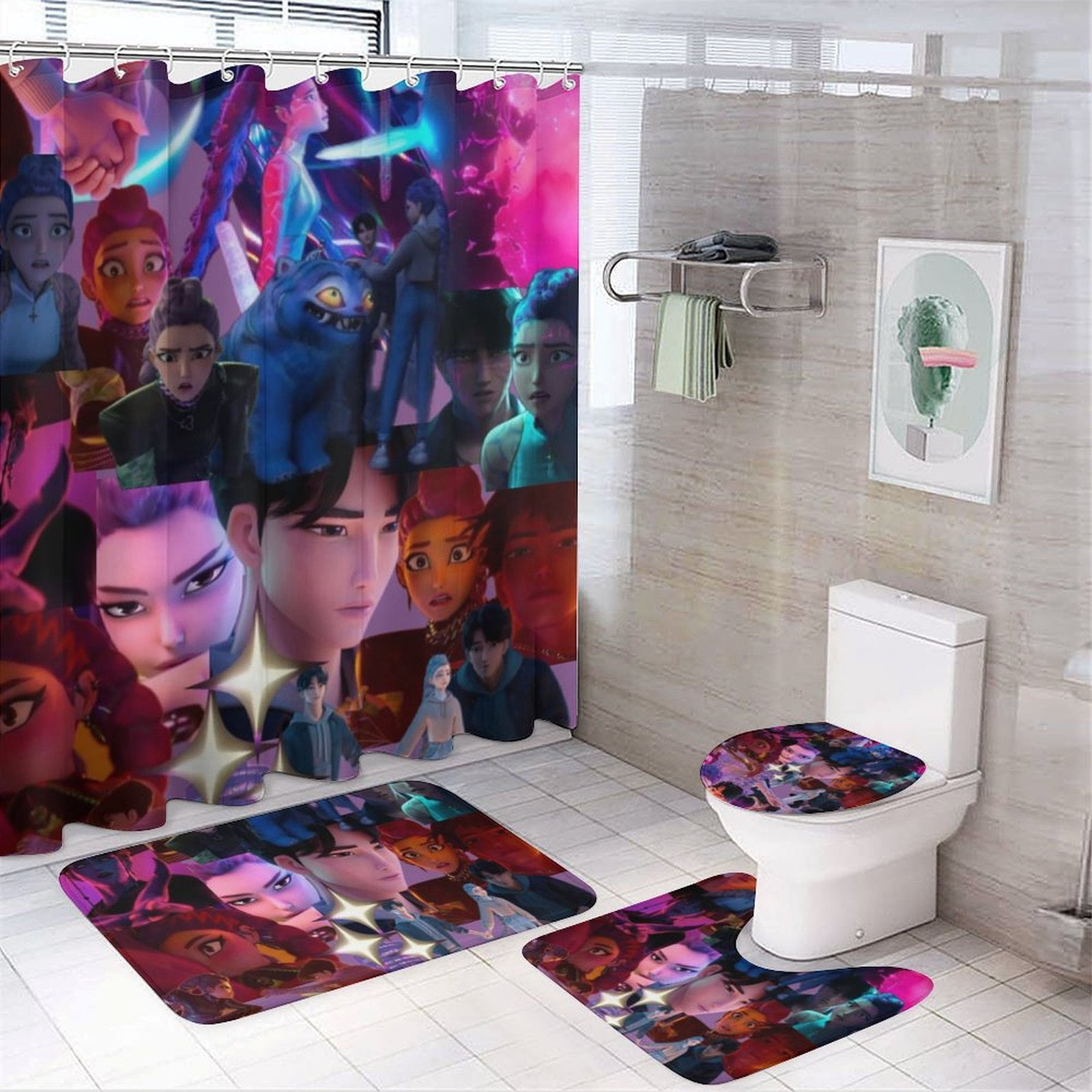 4 Pcs Bathroom Sets with Shower Curtain And Rugs K-Pop Devil Hunter ...