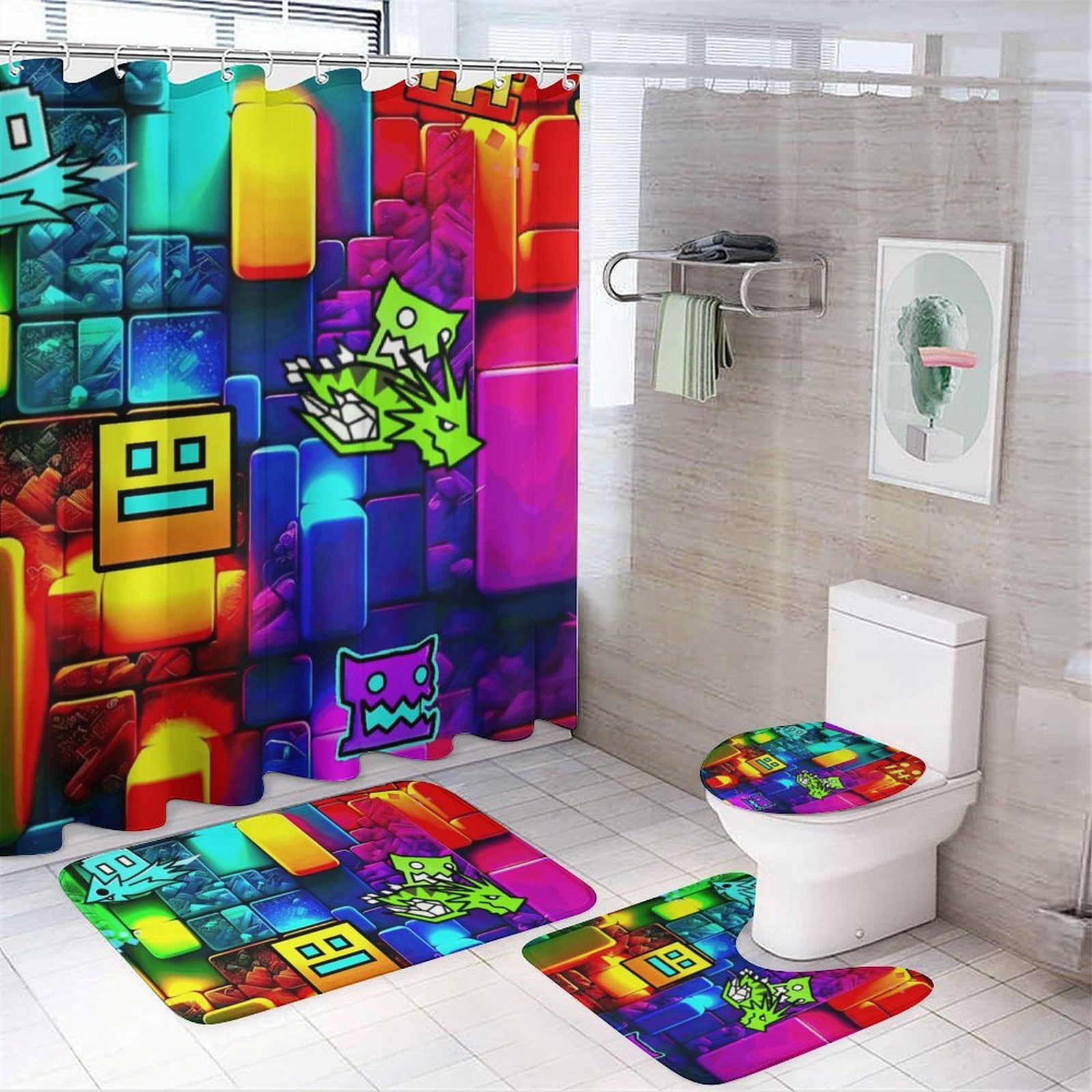 4 Pcs Bathroom Sets with Shower Curtain And Rugs Geometry Dash Bathroom ...