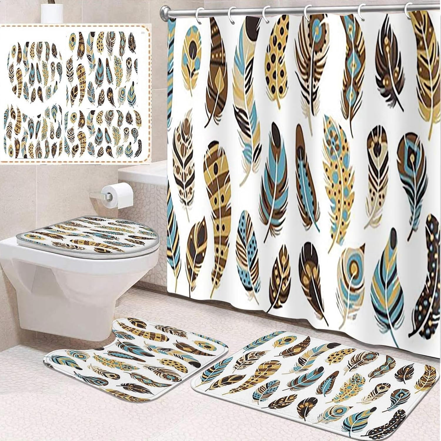 4 Pcs Bathroom Sets with Shower Curtain and Rugs, Paw Cat Dog Cute ...