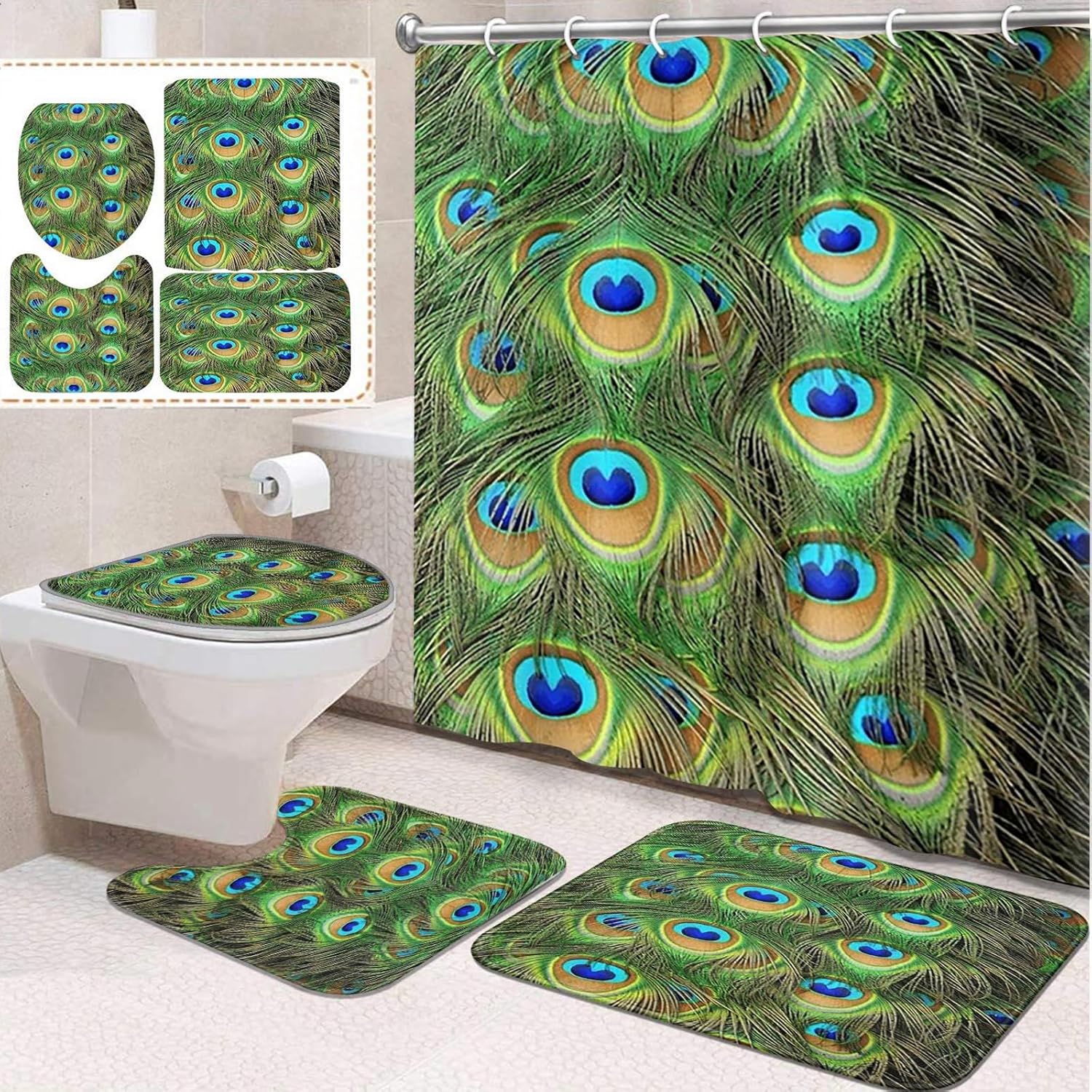 4 Pcs Bathroom Sets with Shower Curtain and Rugs, Paw Cat Dog Cute ...