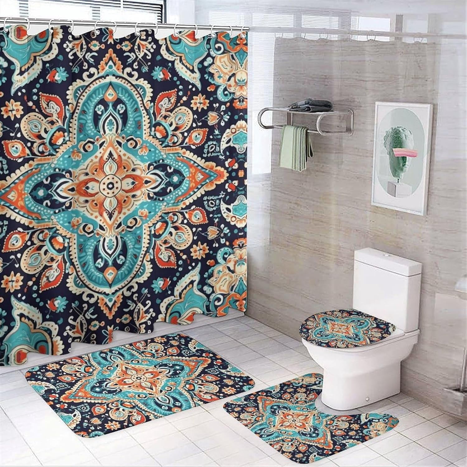 4 Pcs Bathroom Shower Curtain Set,Bathroom Sets with Rugs (Bath Mat,U ...
