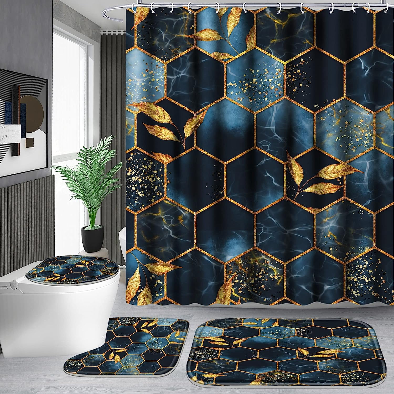 4 Pcs Bathroom Shower Curtain Set,Bathroom Sets with Rugs(Bath Mat,U ...