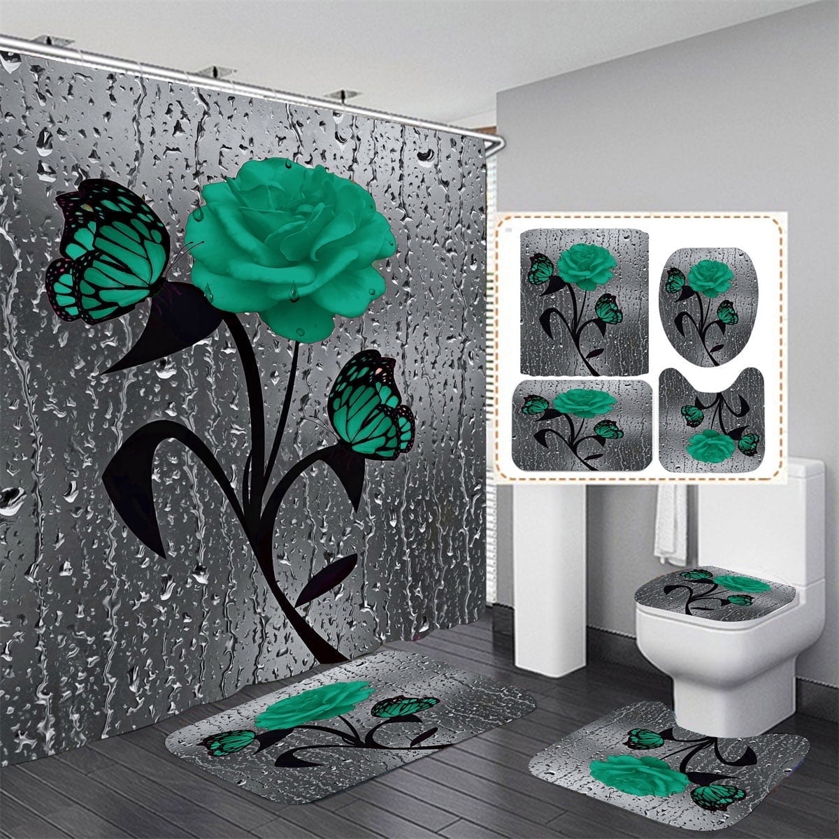 "NEWEEN 4 Pcs Bathroom Shower Curtain Set, Green Rose Design, with Rugs ...