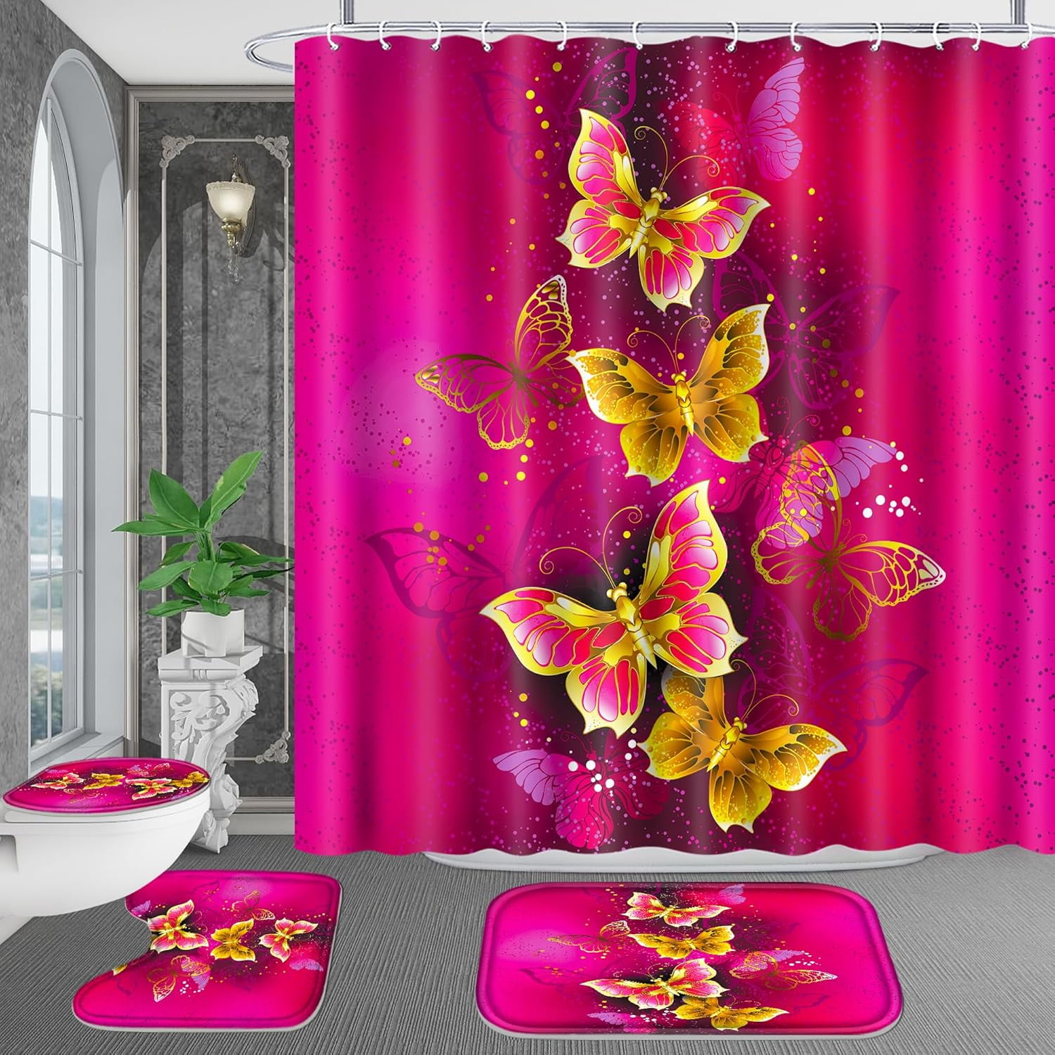 4 Pcs Bathroom Shower Curtain Set,Light Butterfly Bathroom Sets with ...