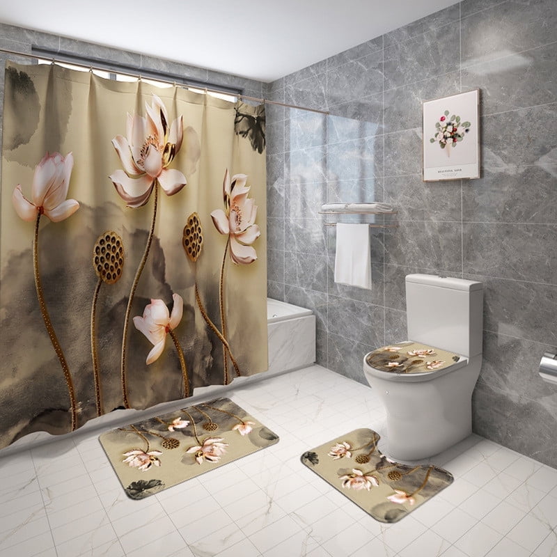 4 Pcs Bathroom Shower Curtain Set Lotus Shower Curtain Beige Bathroom ...