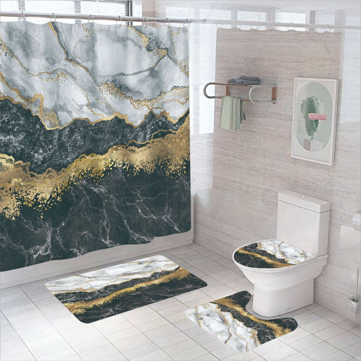 4 Pcs Bathroom Shower Curtain Set, Marble Abstract Art, Waterproof ...