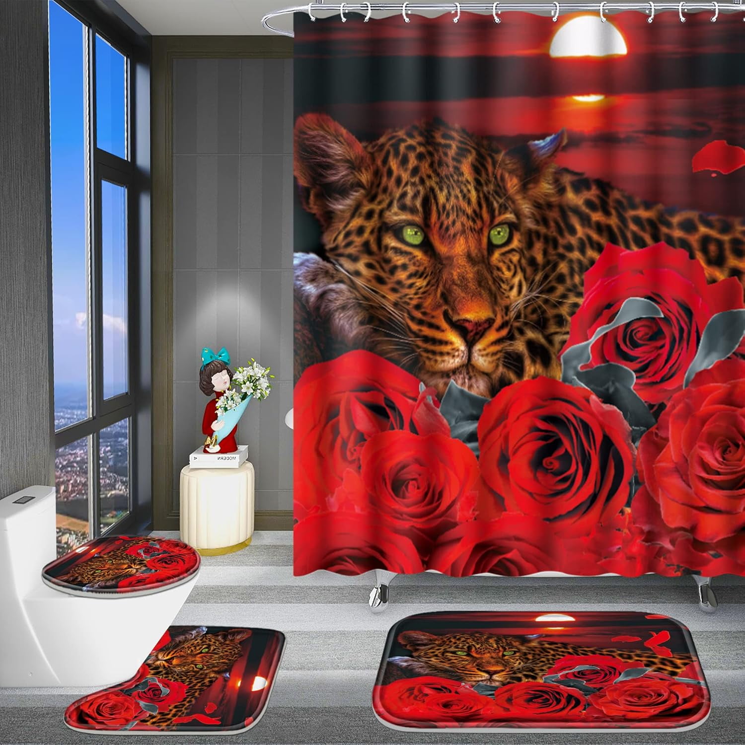 4 Pcs Bathroom Shower Curtain Set,Red Rose and Leopard Shower Curtain ...