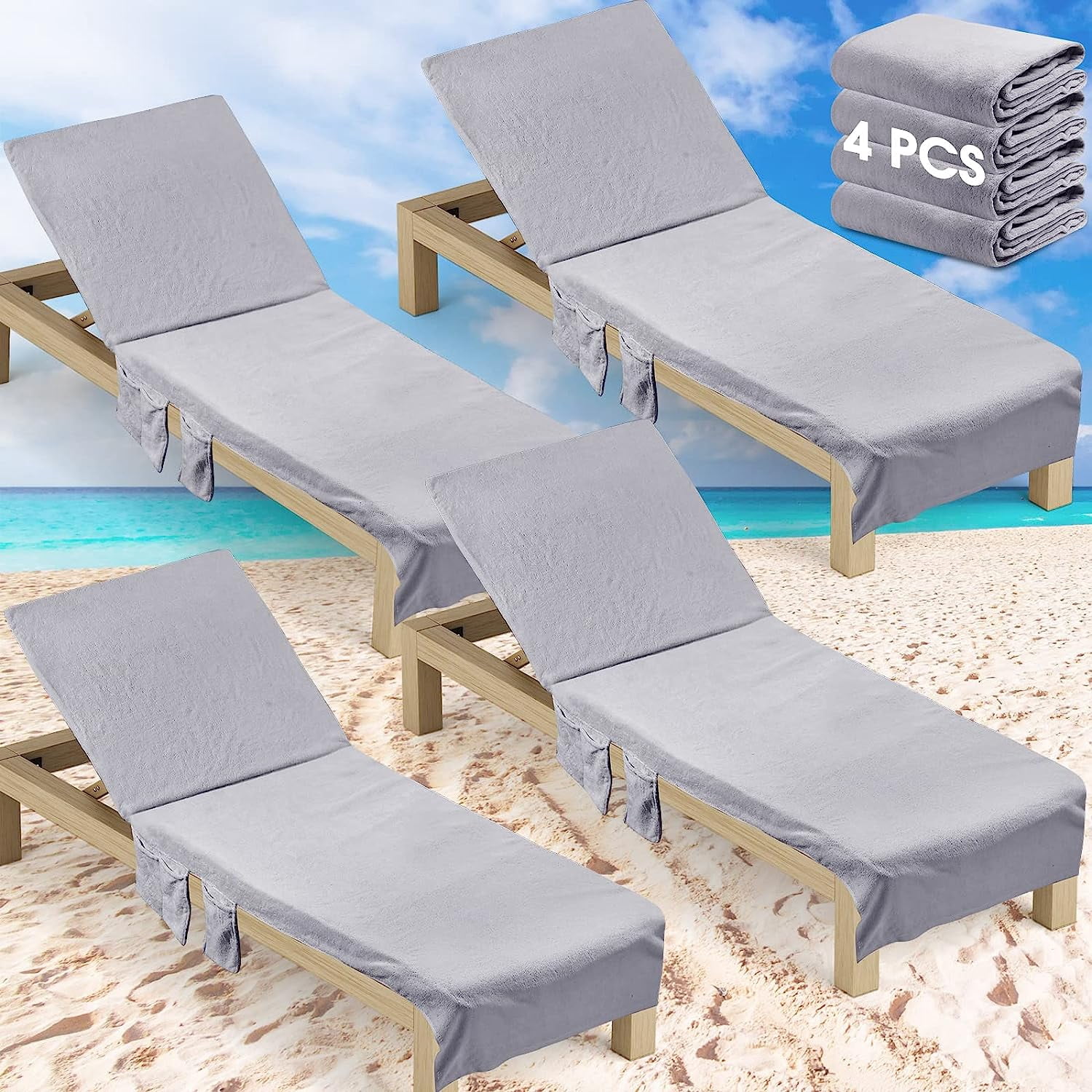 4 Pcs Beach Chair Cover with Side Pockets Soft Lounge Chair Towels ...