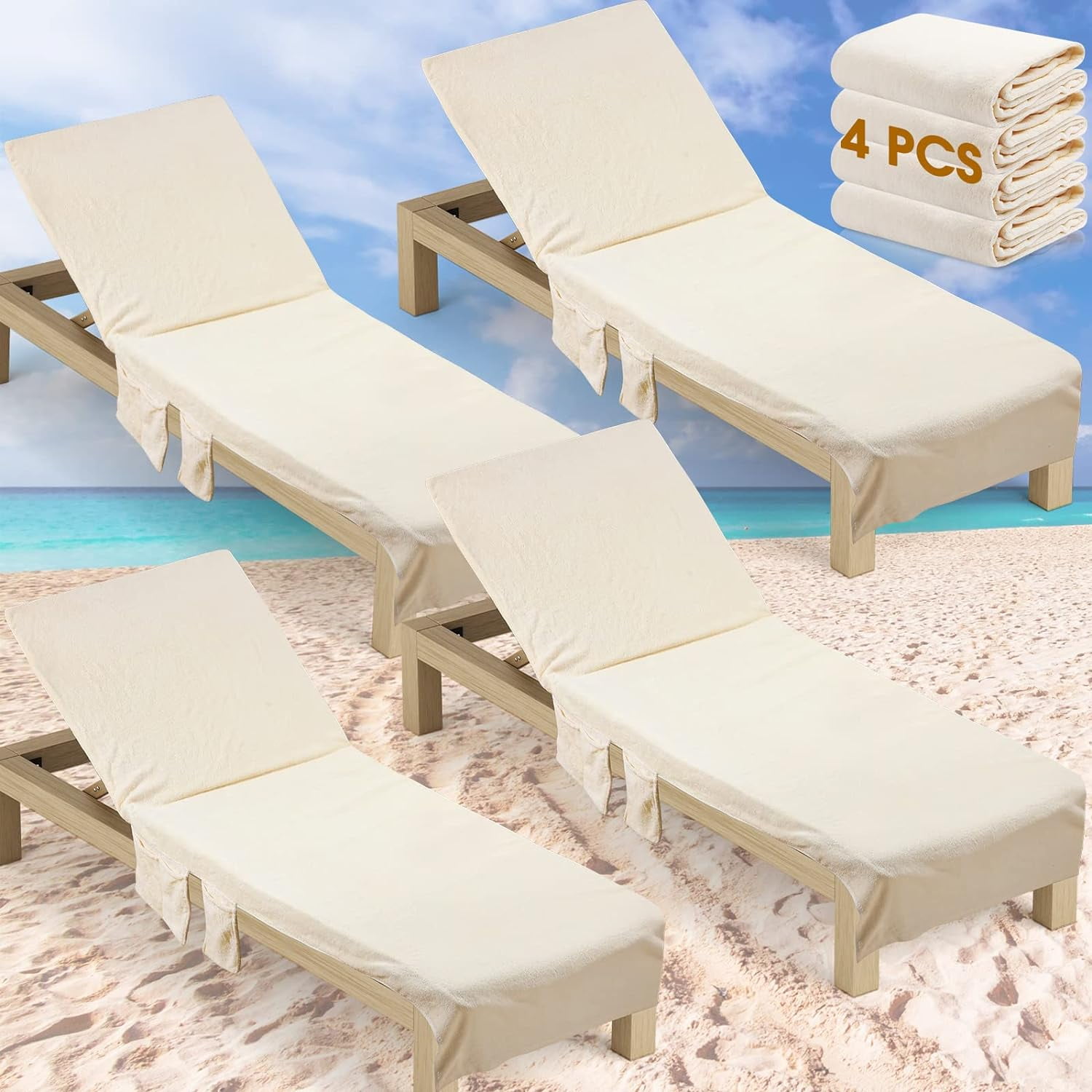 4 Pcs Beach Chair Cover with Side Pockets Soft Lounge Chair Towels ...