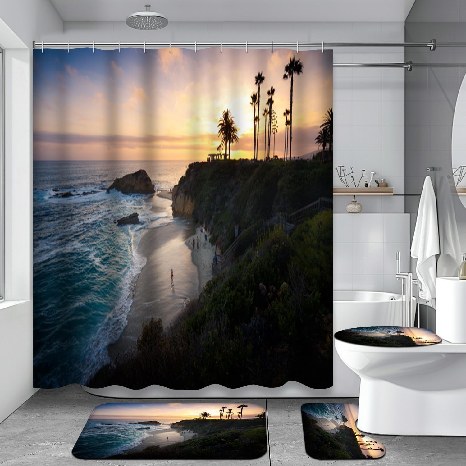 4 Pcs Beach Island Shower Curtain Sets with Rugs for Bathroom Decor ...