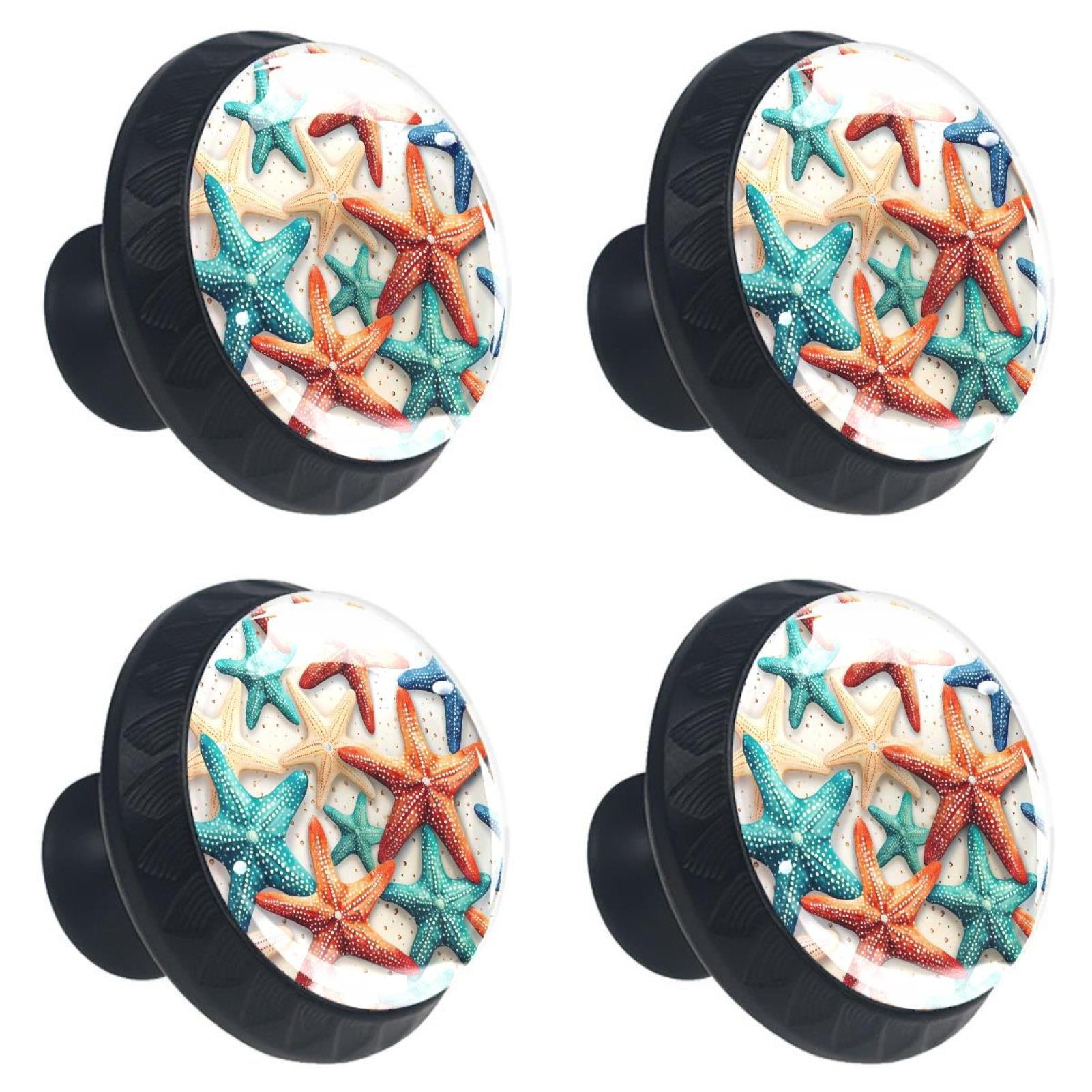 4 Pcs Beach Sea Starfish Print Cabinet Knobs 30mm Round Crystal Glass ...