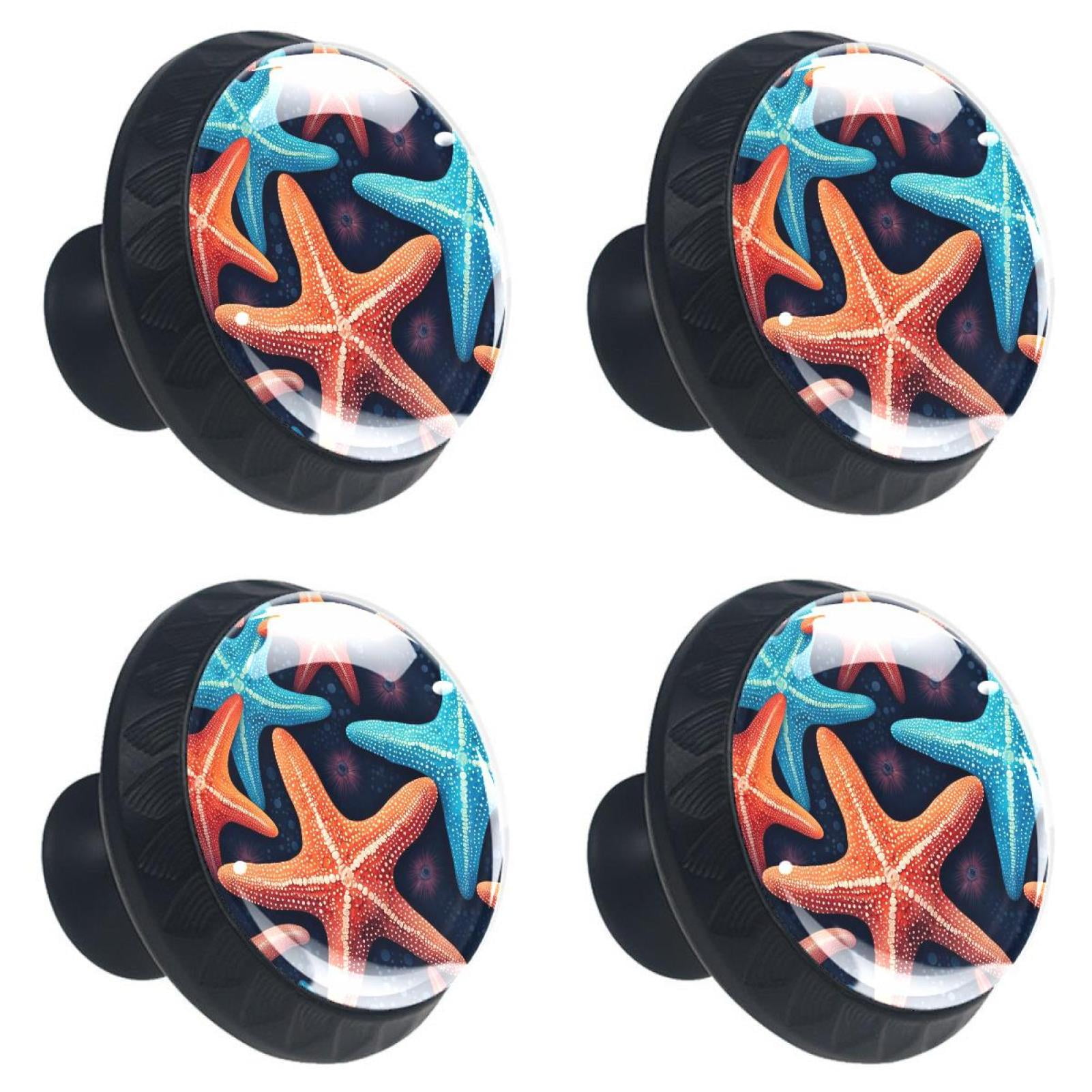 4 Pcs Beach Sea Starfish Print Cabinet Knobs 30mm Round Crystal Glass ...