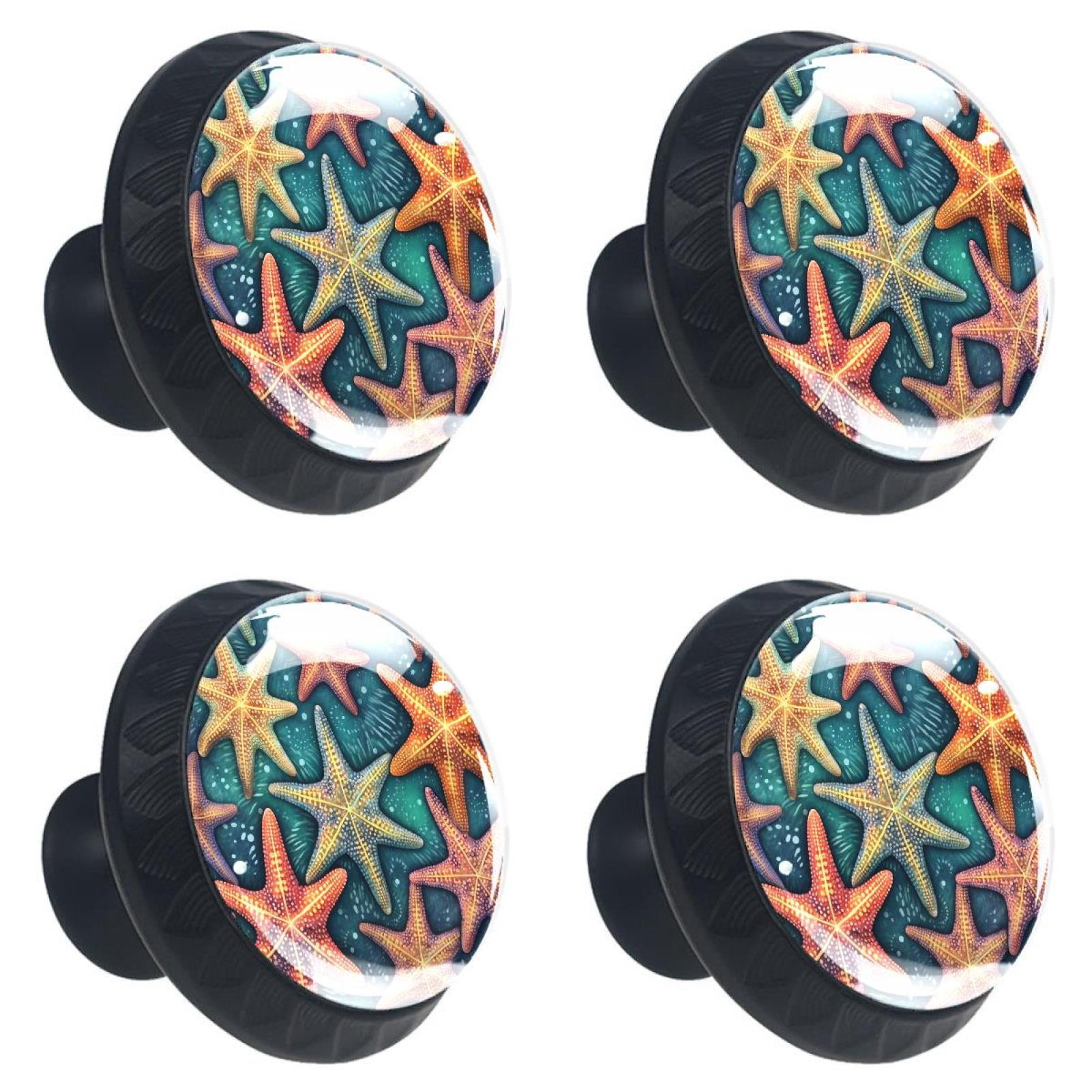 4 Pcs Beach Sea Starfish Print Cabinet Knobs 30mm Round Crystal Glass ...