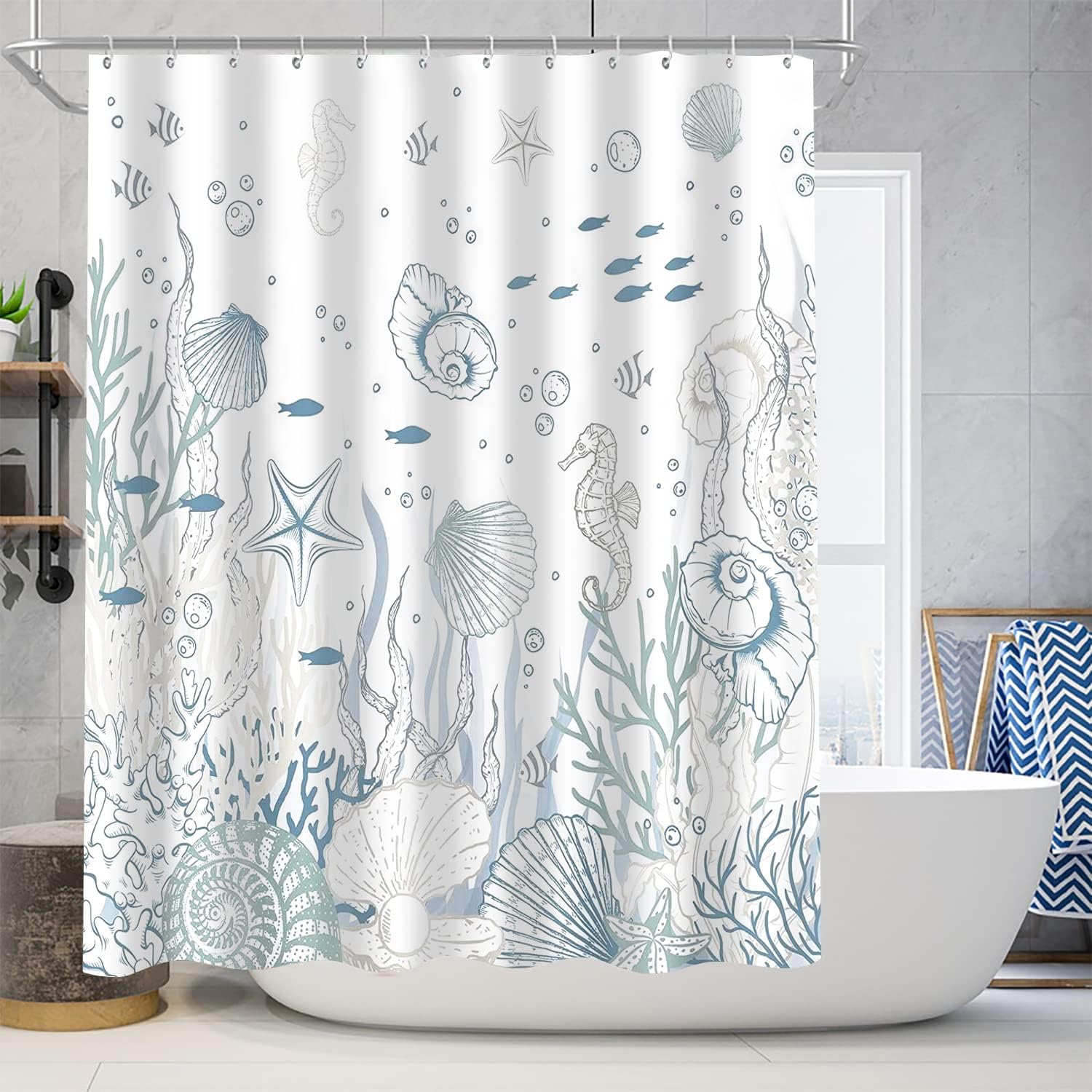 4 Pcs Beach Shower Curtain Blue Bathroom Sets and Rugs Nautical Shower ...
