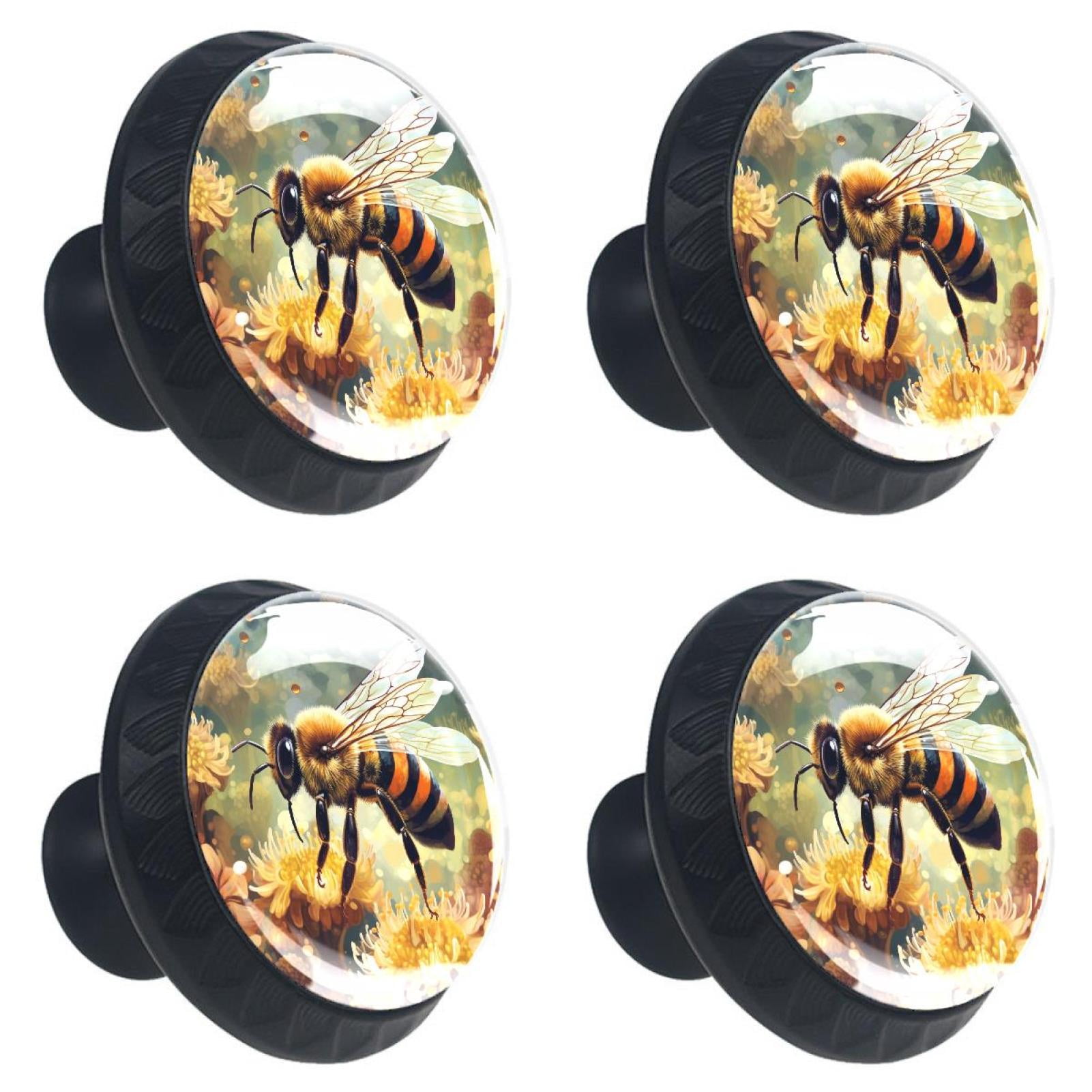 4 Pcs Bee Flying on Flower Print Cabinet Knobs 30mm Round Crystal Glass ...
