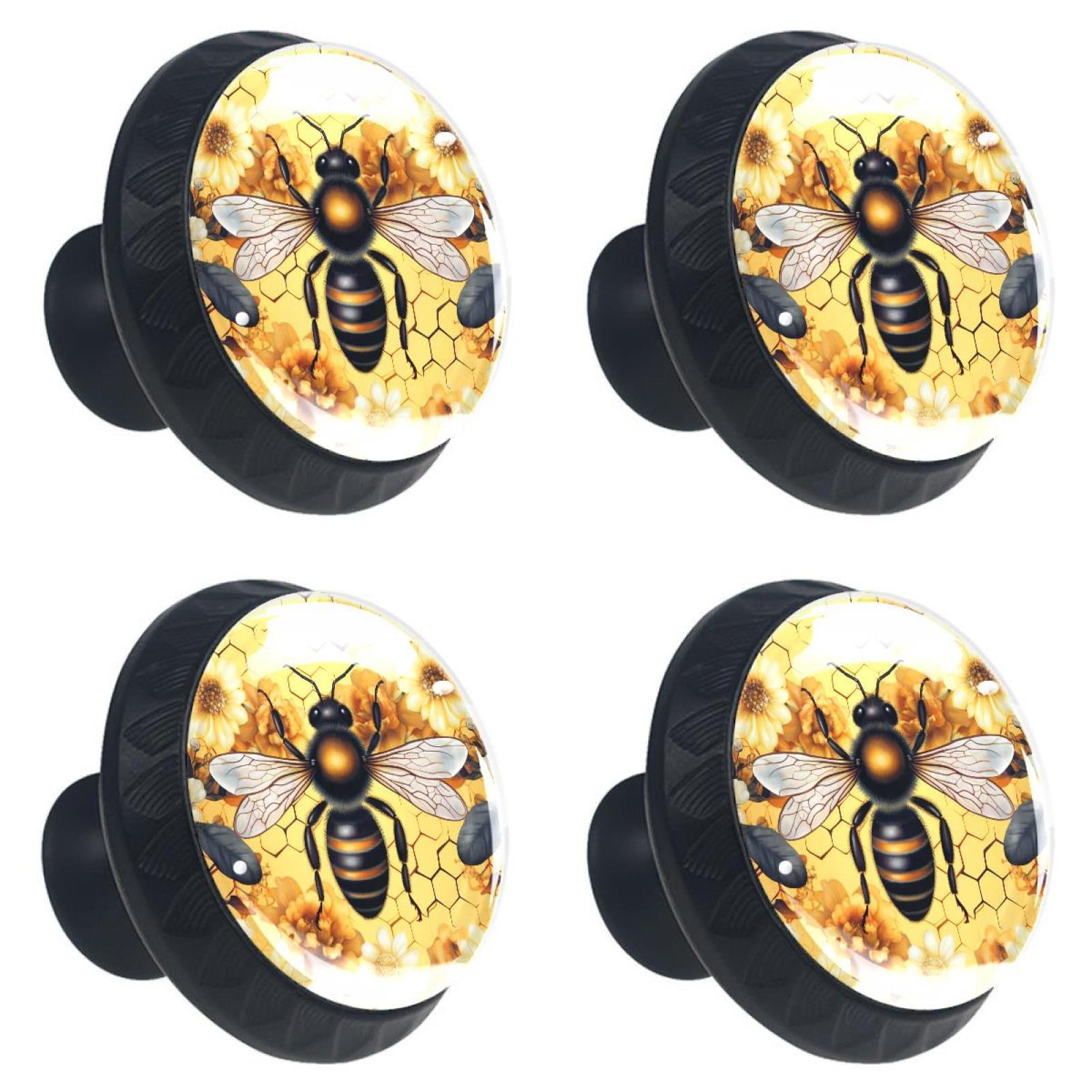 4 Pcs Bee on Honeycomb Print Cabinet Knobs 30mm Round Crystal Glass ...