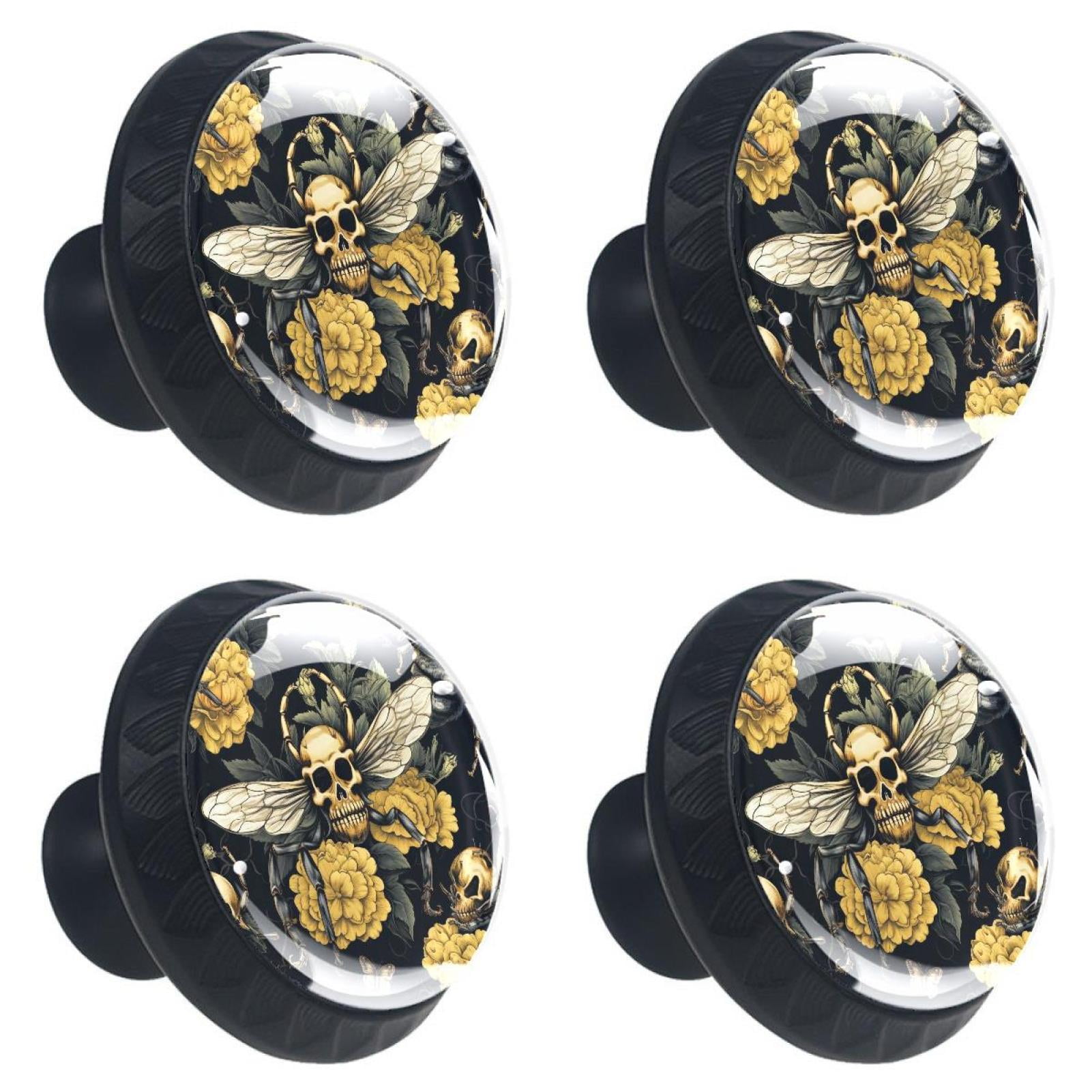 4 Pcs Bee Skull Vintage Flower Print Cabinet Knobs 30mm Round Crystal ...