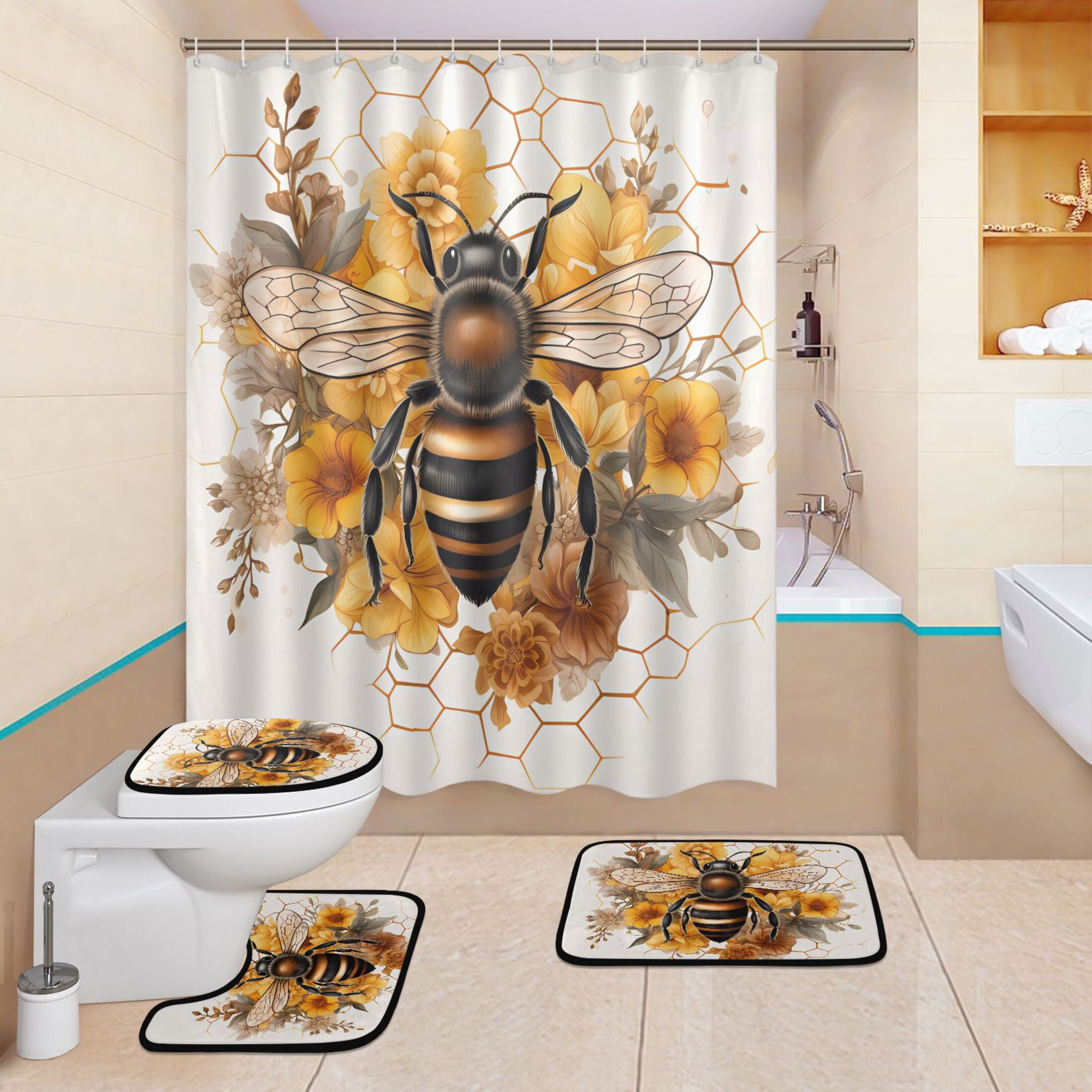 4 Pcs Bee with Honey Bathroom Shower Curtain Set with 12 Hooks Bath Mat ...