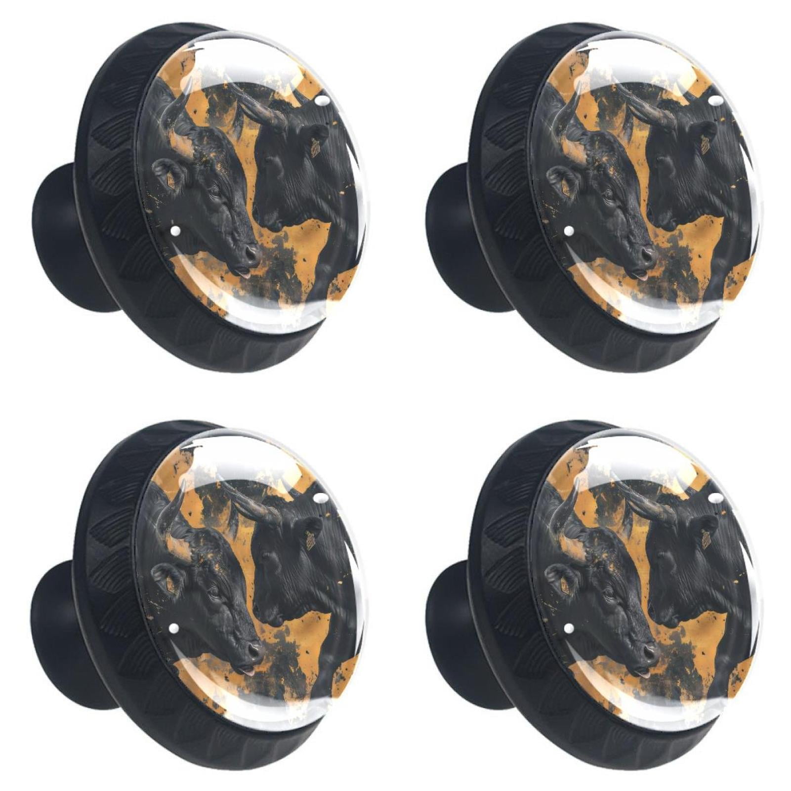 4 Pcs Black Bull in Fight Print Cabinet Knobs 30mm Round Crystal Glass ...
