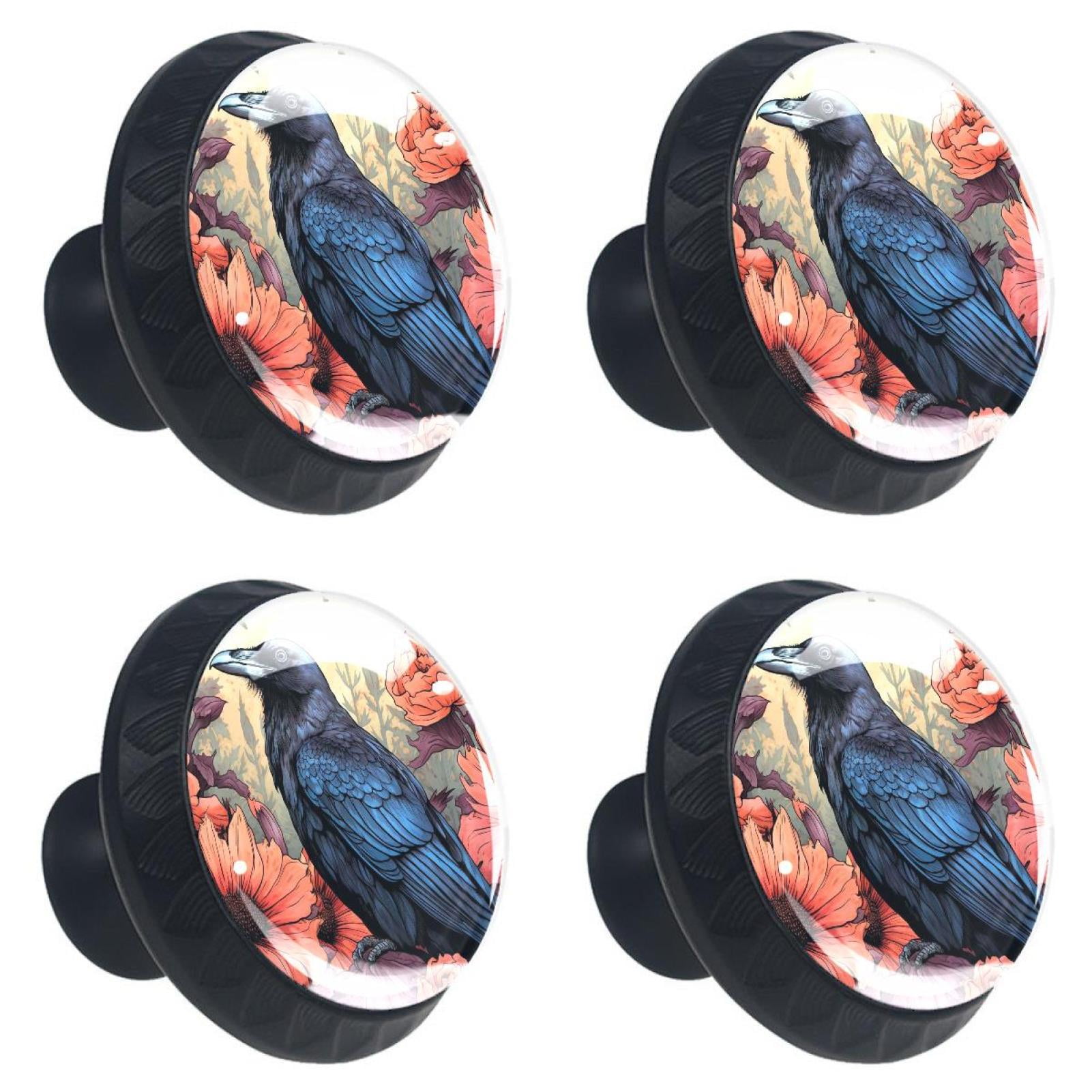 4 Pcs Black Crow Print Cabinet Knobs 30mm Round Crystal Glass Drawer ...
