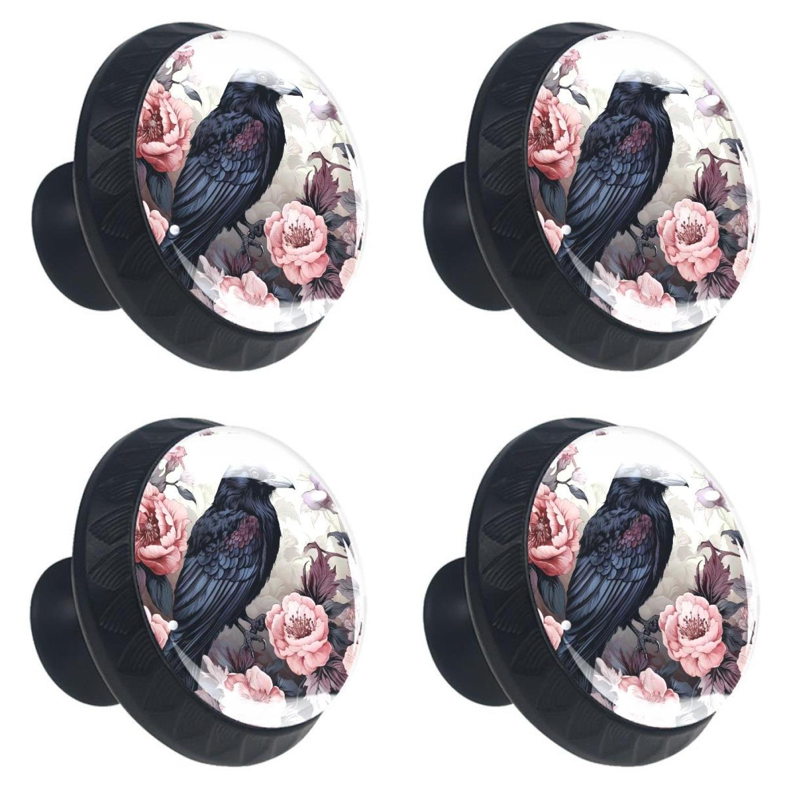 4 Pcs Black Crow Print Cabinet Knobs 30mm Round Crystal Glass Drawer ...