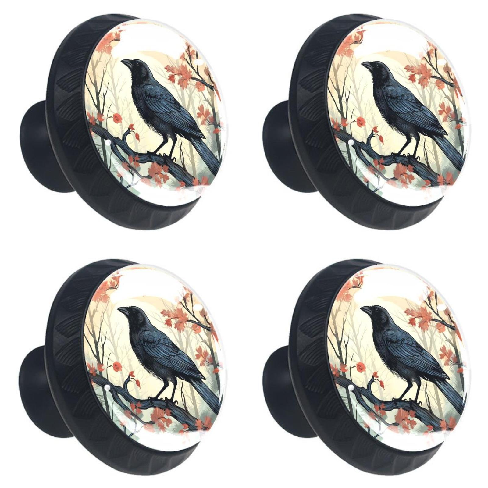 4 Pcs Black Crow Print Cabinet Knobs 30mm Round Crystal Glass Drawer ...