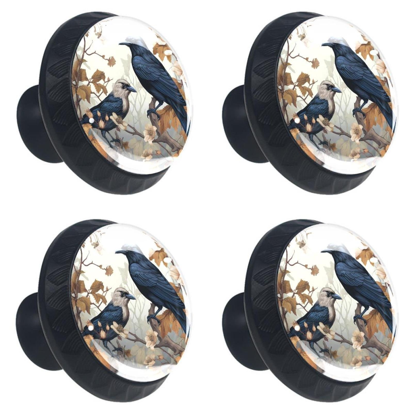 4 Pcs Black Crow Print Cabinet Knobs 30mm Round Crystal Glass Drawer ...