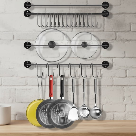 4 Pcs Black Iron Kitchen Utensil Rack Wall Mounted Organizer with 20 ...