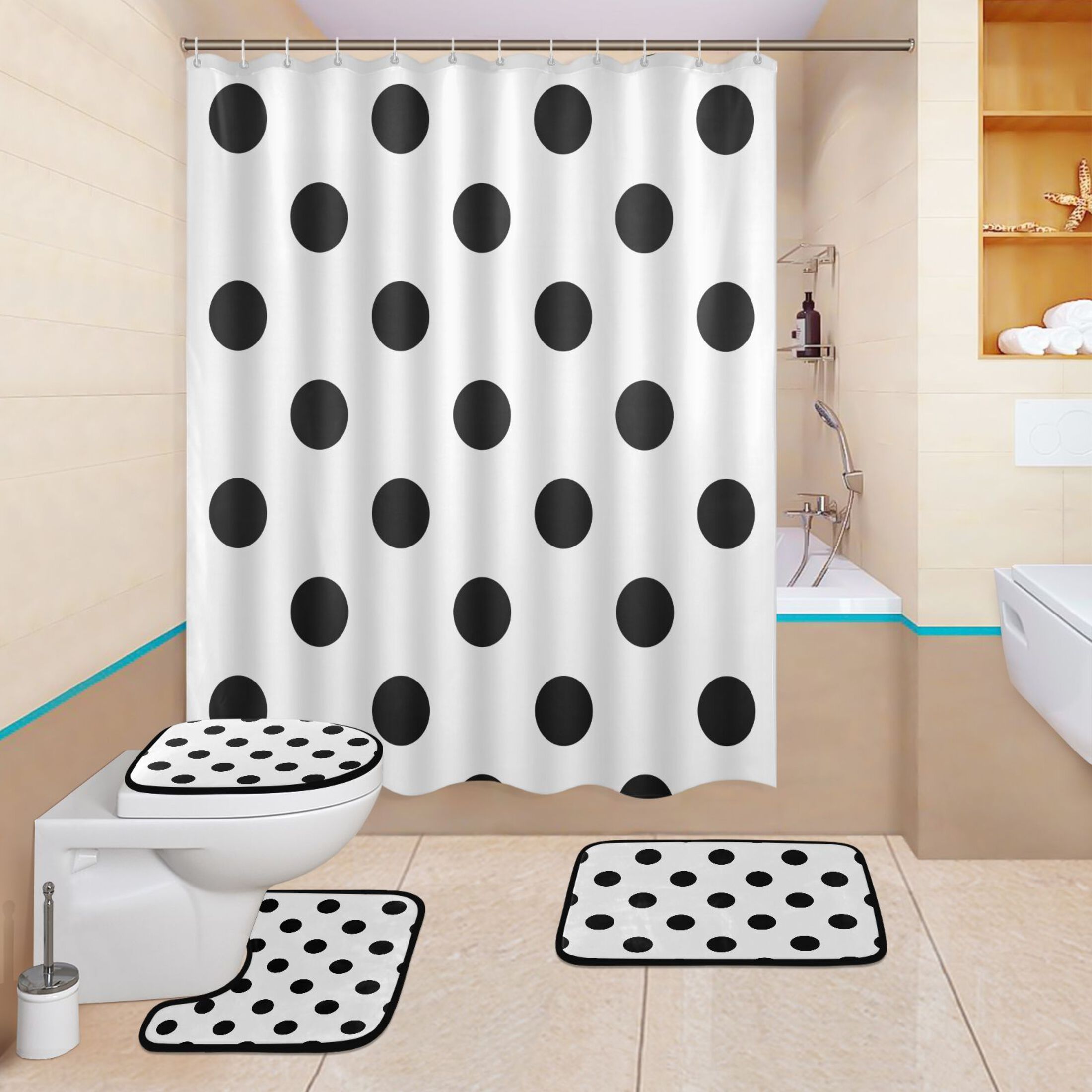 4 Pcs Black Polka Dots Bathroom Shower Curtain Set with 12 Hooks Bath ...